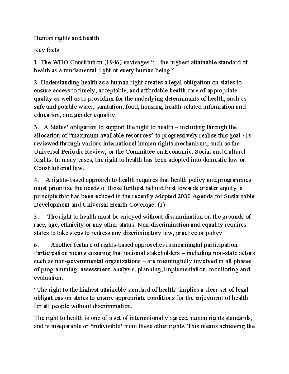 Human rights and health - . highest attainable standard of health as a ...