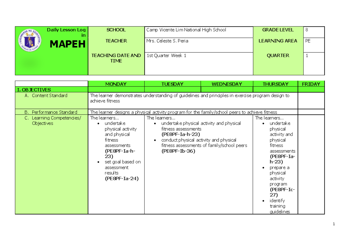 Grade 8 PE Q1 DLL Week 1: Fitness Assessment & Program Design - Studocu