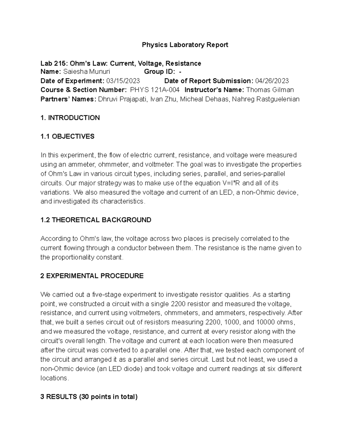 215 - Lab report on Ohms law - Physics Laboratory Report Lab 215: Ohm's ...