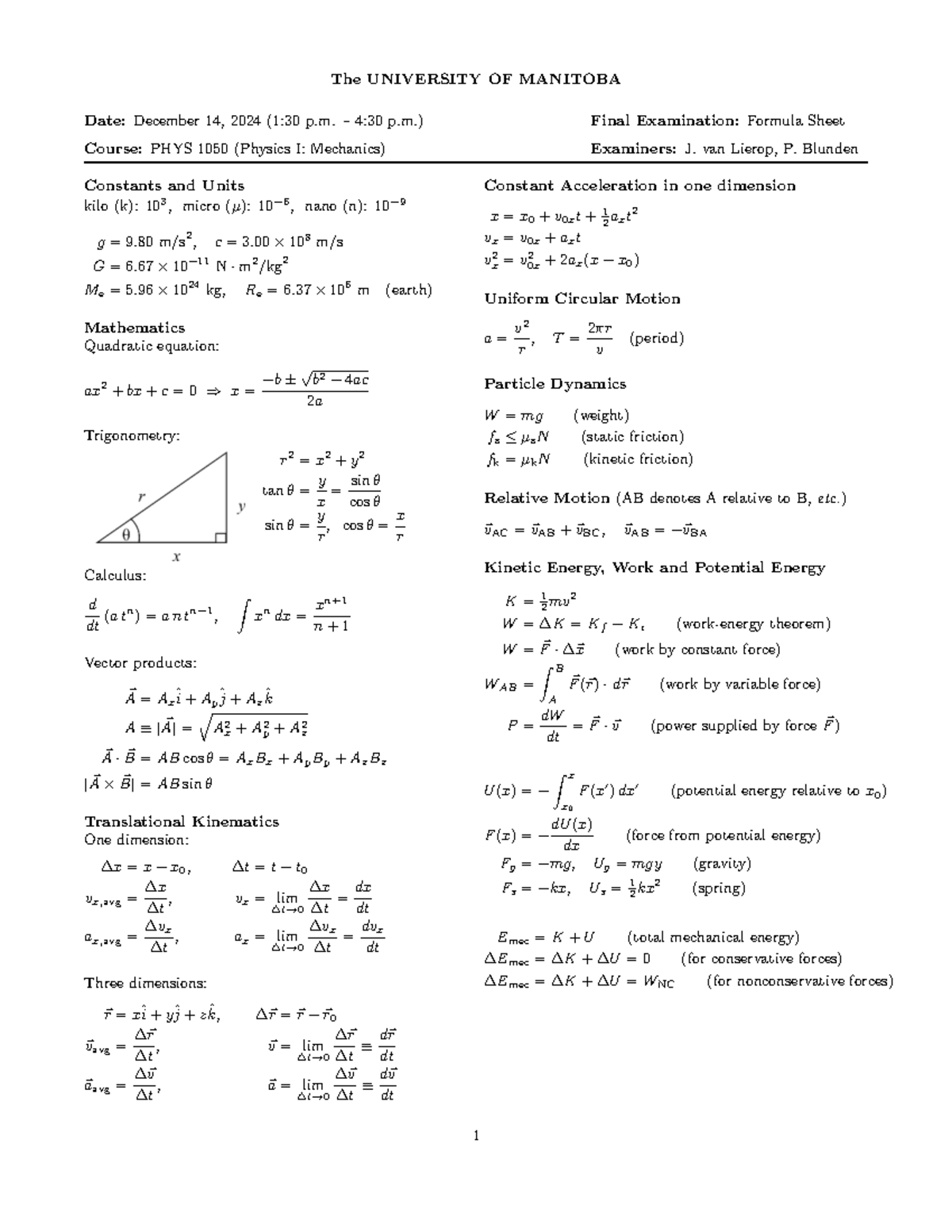 PHYS 1050 Final Exam Formula Sheet & Practice Guide - Studocu