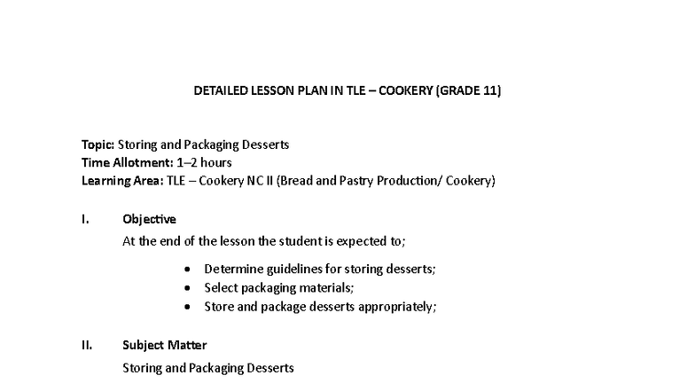 Detailed Lesson Plan in TLE Cookery (Grade 11): Storing & Packaging ...