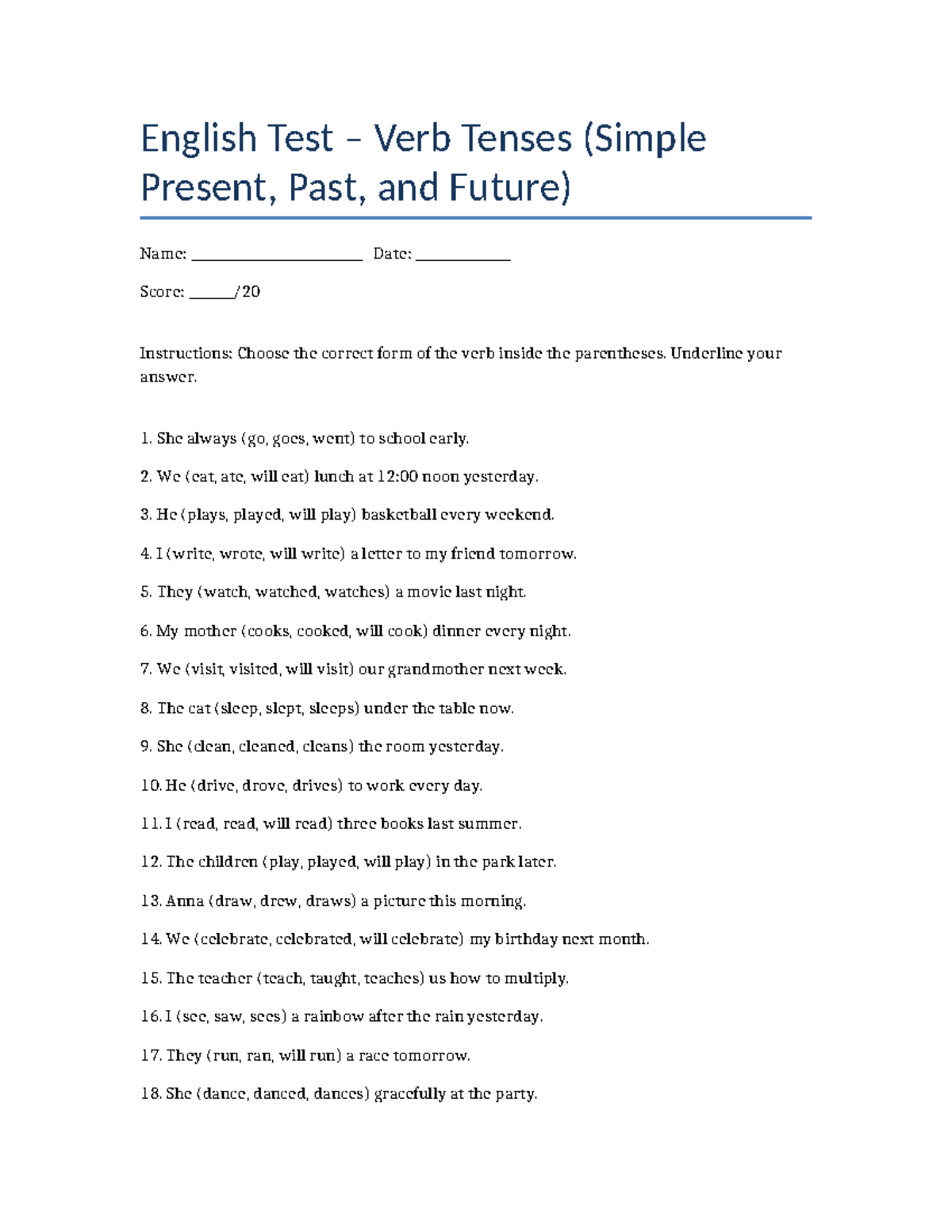 ENG 101: Verb Tenses Test - Simple Present, Past, Future - Studocu