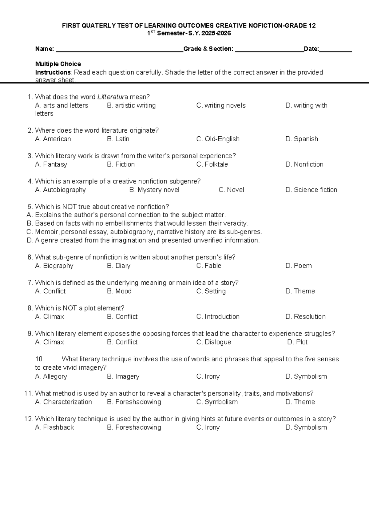 First Periodic Test on Creative Nonfiction 12 S.Y. - Studocu