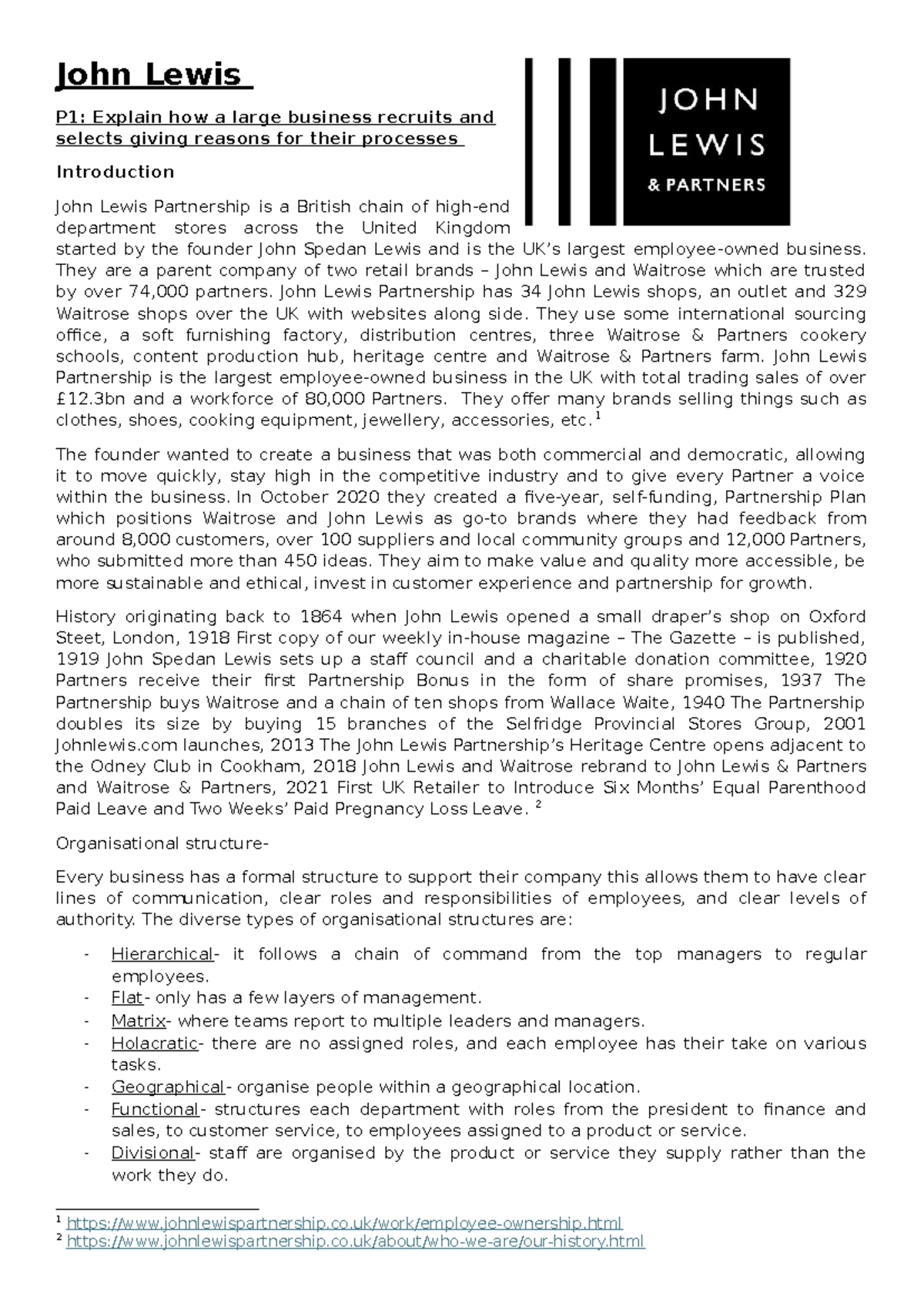 Unit 8 Assgn 1: Recruitment & Selection Processes at John Lewis - Studocu