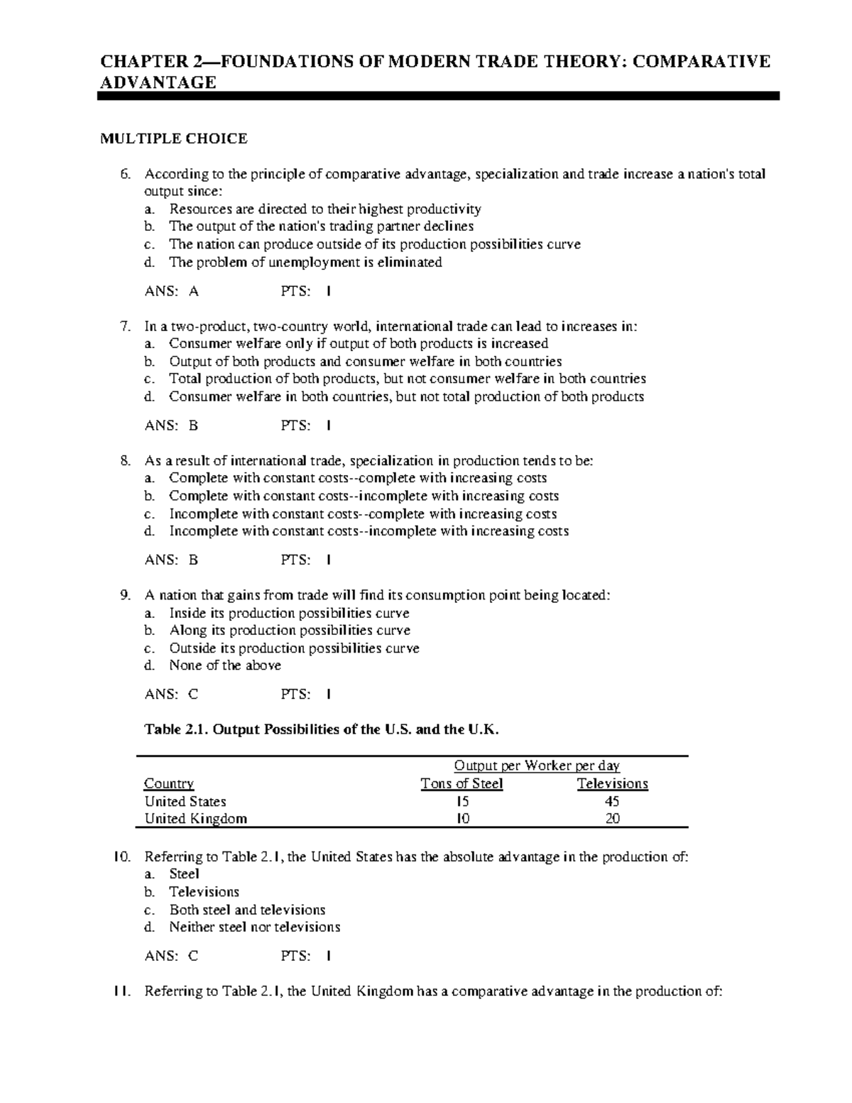 Chapter 02 Test Bank: Sample Qs on Comparative Advantage Theory - Studocu