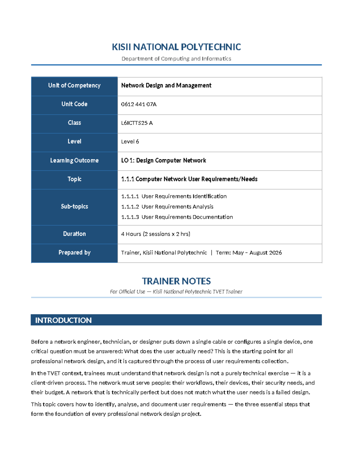 NDS User Requirements Notes - KISII POLYTECHNIC 0612 441 07A - Studocu