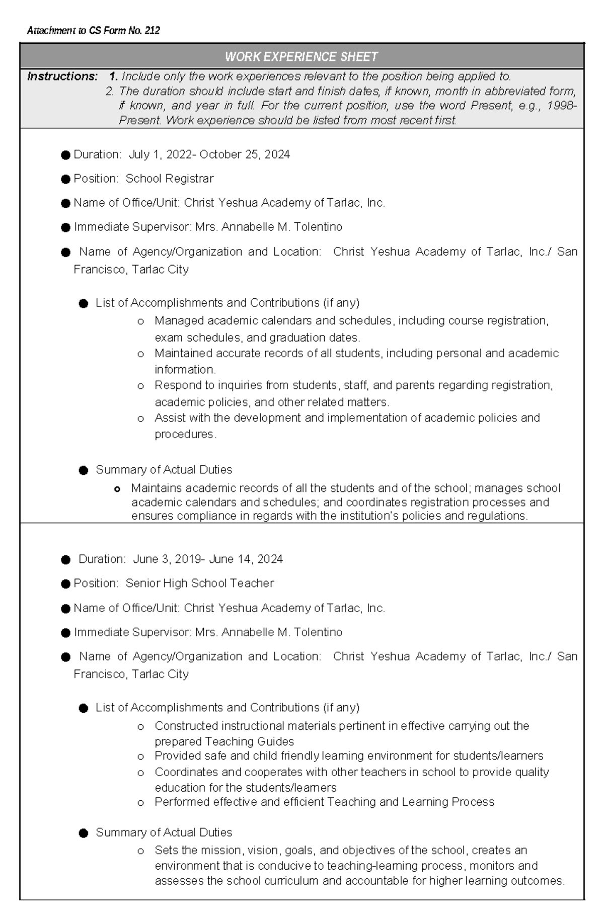 Work Experience Sheet Ruth Final - Attachment to CS Form No. 212 WORK ...