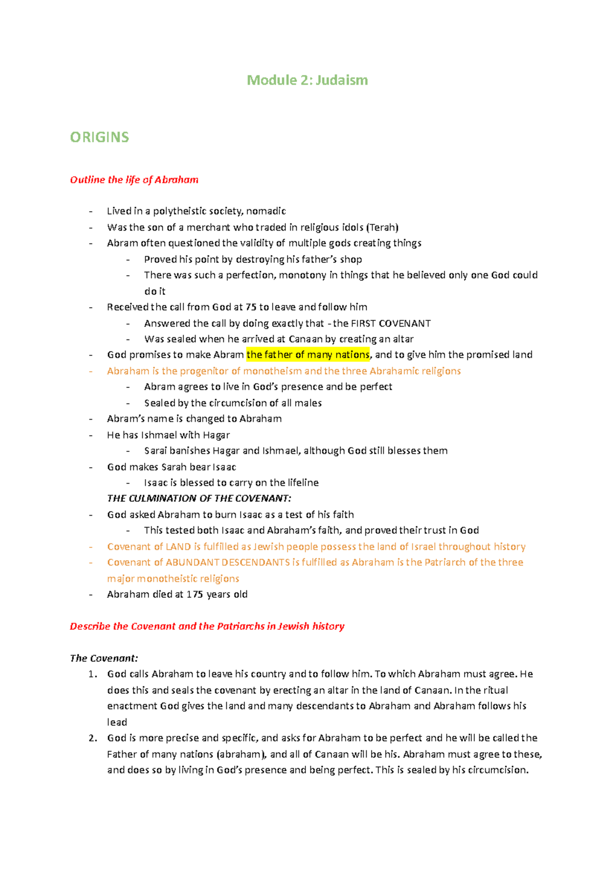 SOR II Study Notes - Year 11 Judaism: Origins, Covenant, and Law - Studocu