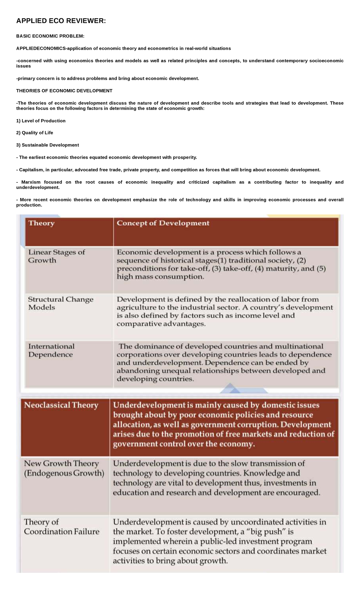 APPLIED ECO REVIEWER: ECONOMIC DEVELOPMENT THEORIES & ISSUES - Studocu
