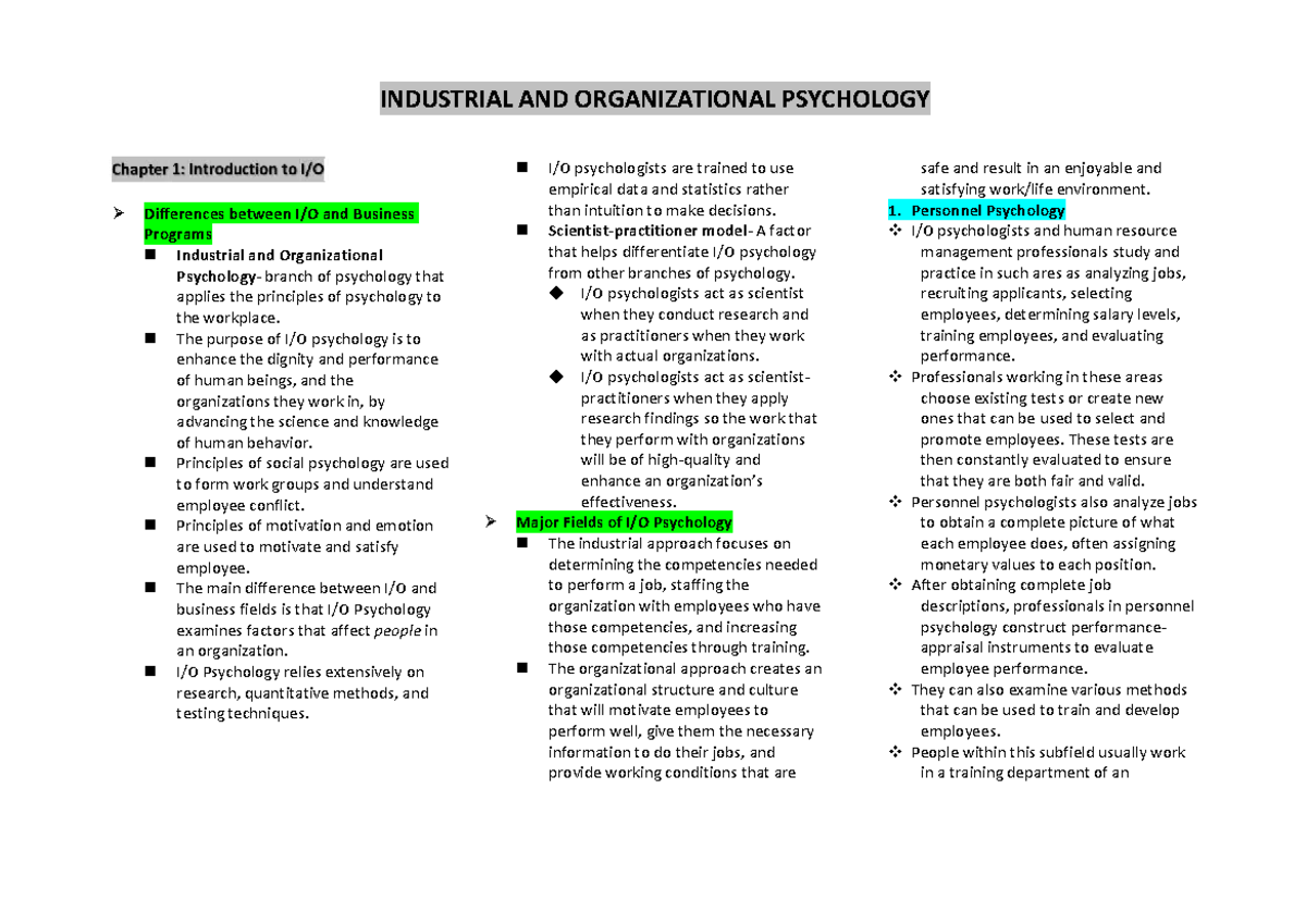 Chapter 1-2: Introduction to industrial and organizational psychology ...