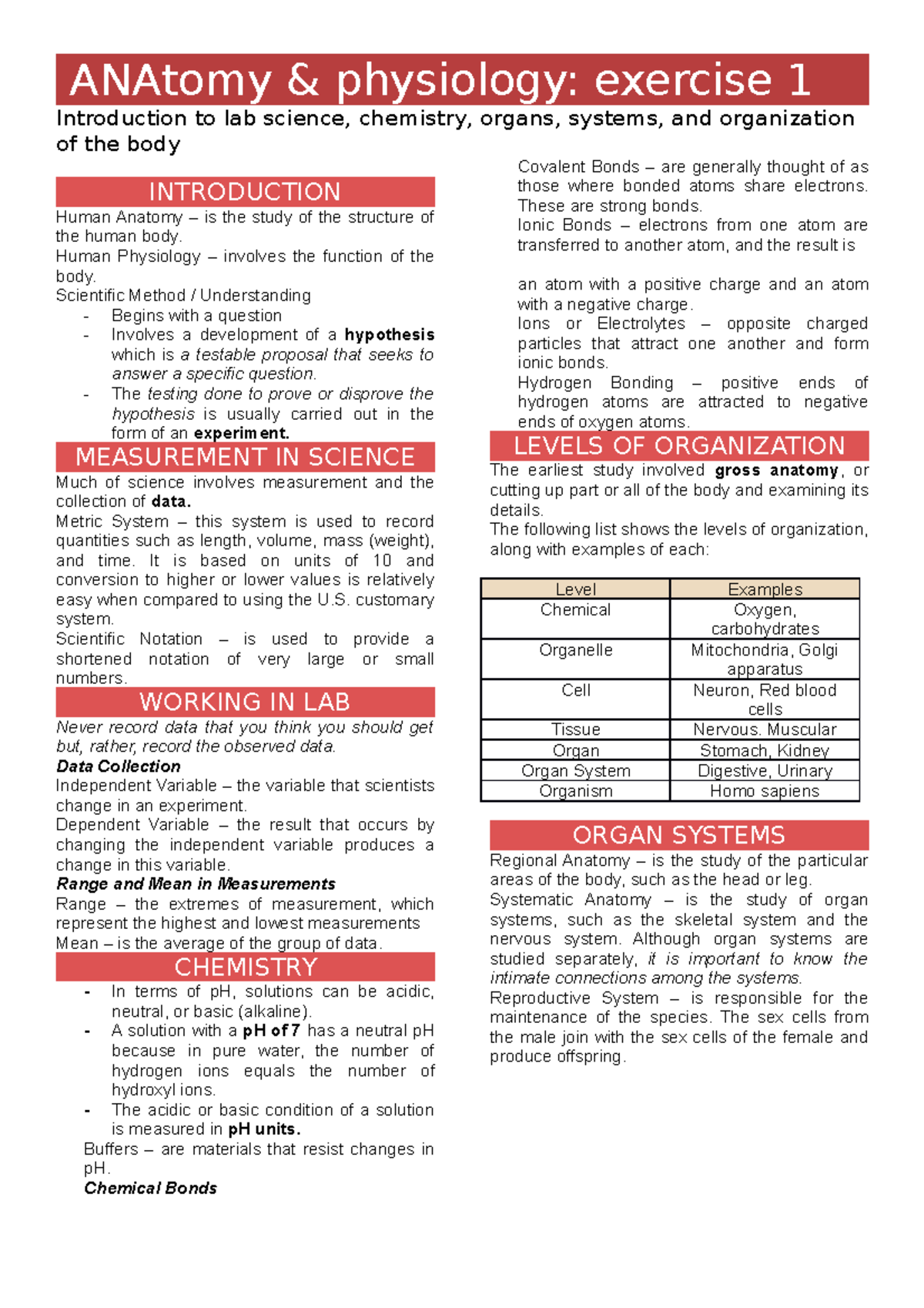 Anaphy Exercise 1 - Introduction to lab science, chemistry, organs ...