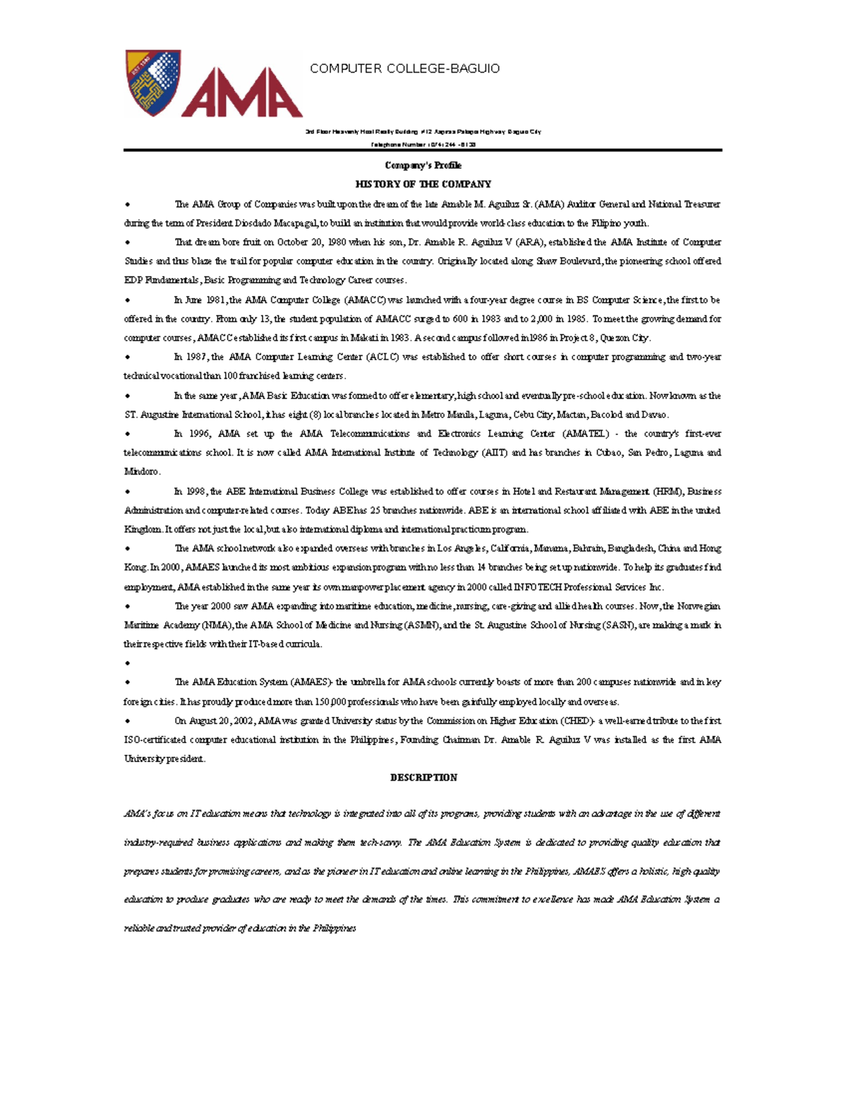 SHS - Company Profile of AMA Education System Overview - Studocu