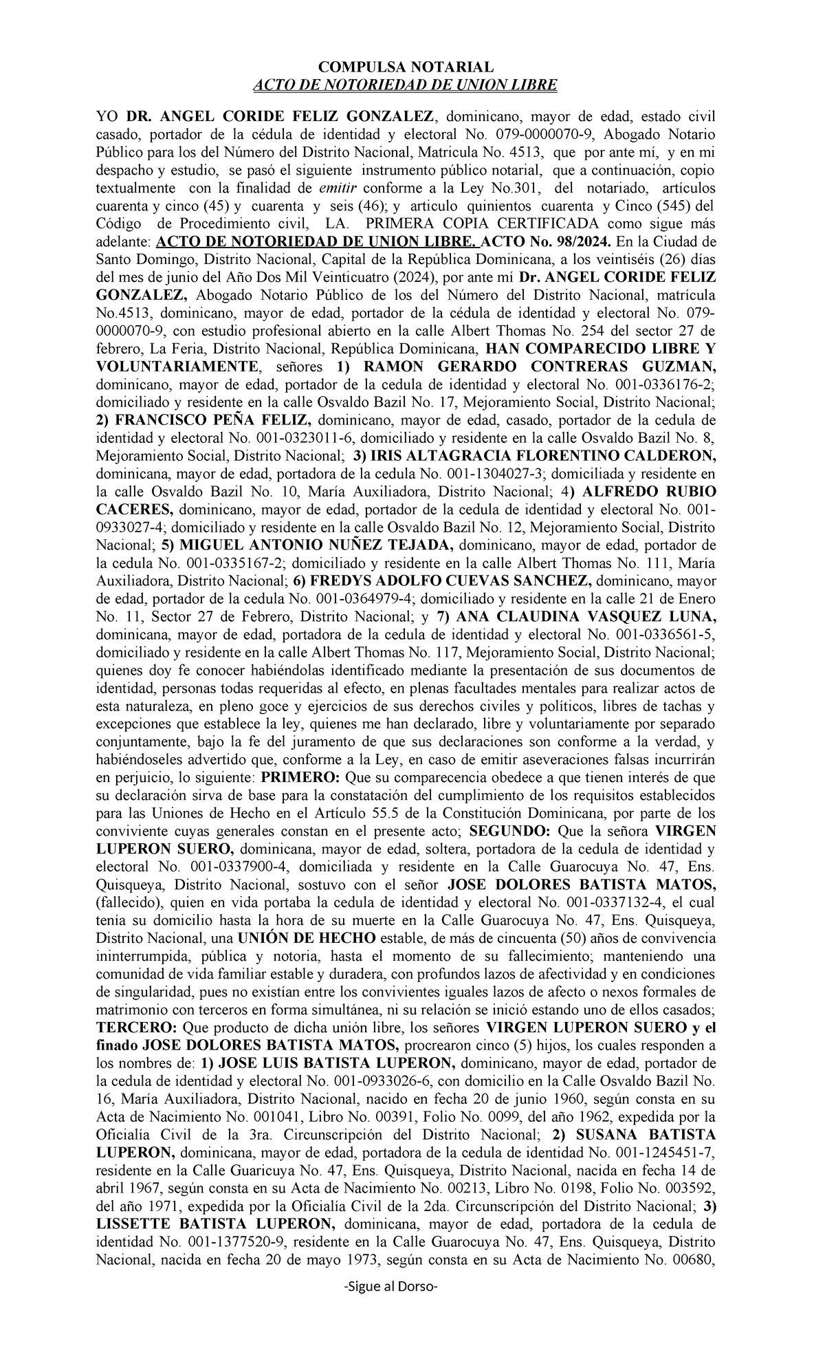 Compulsa Notarial: Acto de Notoriedad de Unión Libre - Virgen - Studocu