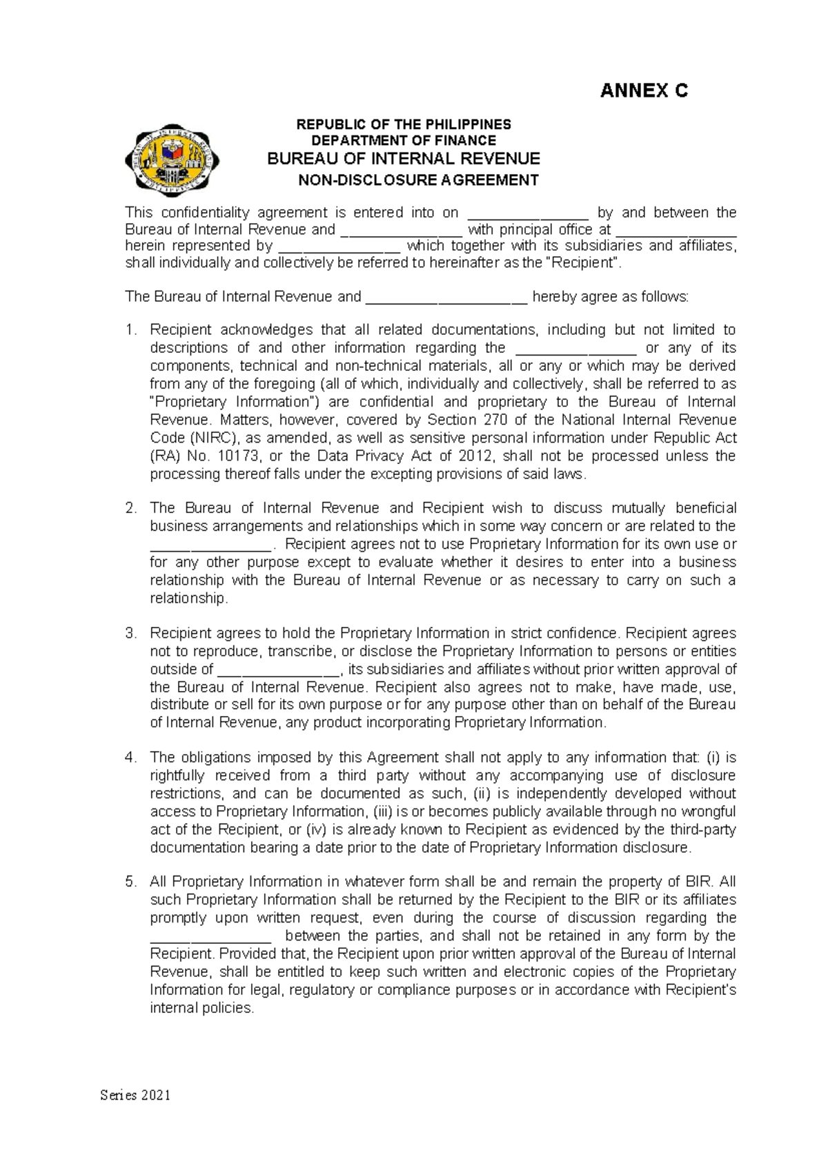 Annex C - Confidentiality Agreement Template for BIR - Studocu