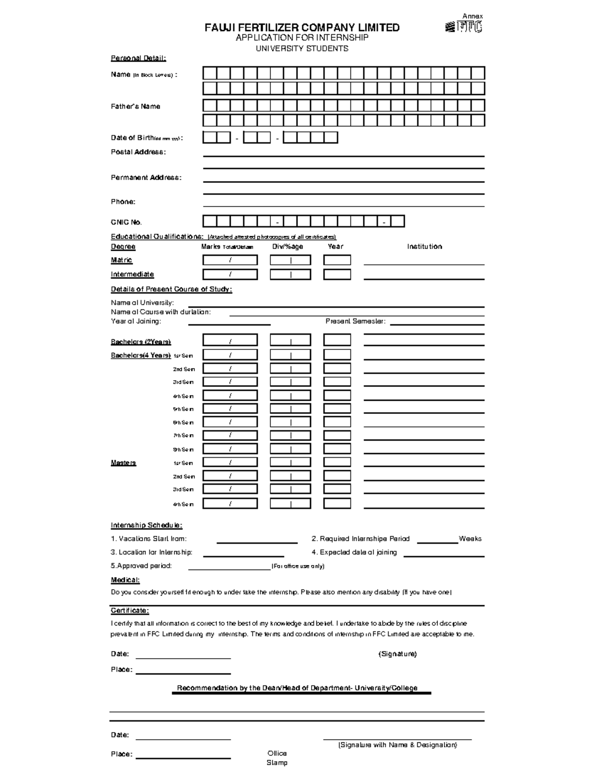 FFC Internship Application Form for University Students - Studocu