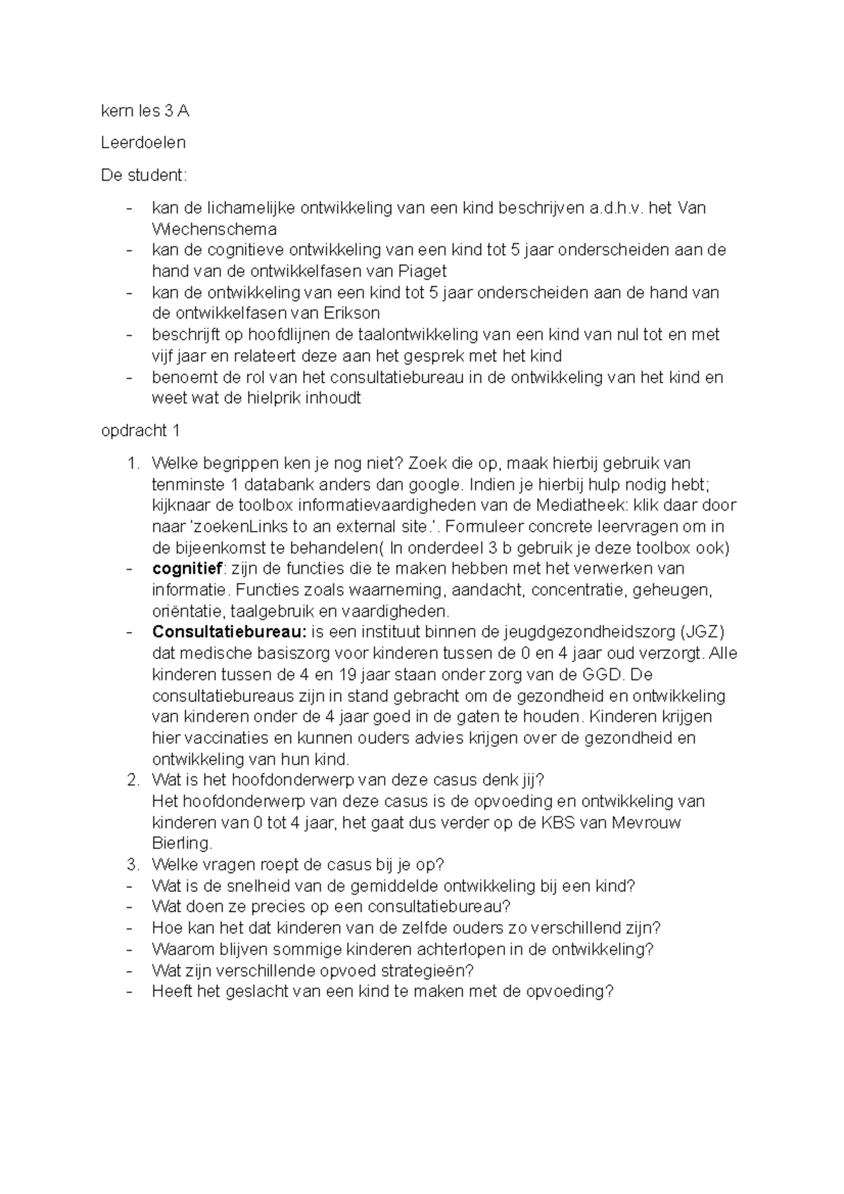 Kern Les 3A: Ontwikkeling van Kinderen tot 5 Jaar en Theoretische ...