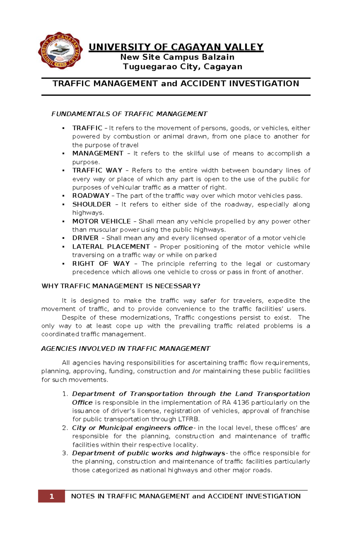 Traffic- Notes- Completed - UNIVERSITY OF CAGAYAN VALLEY New Site ...