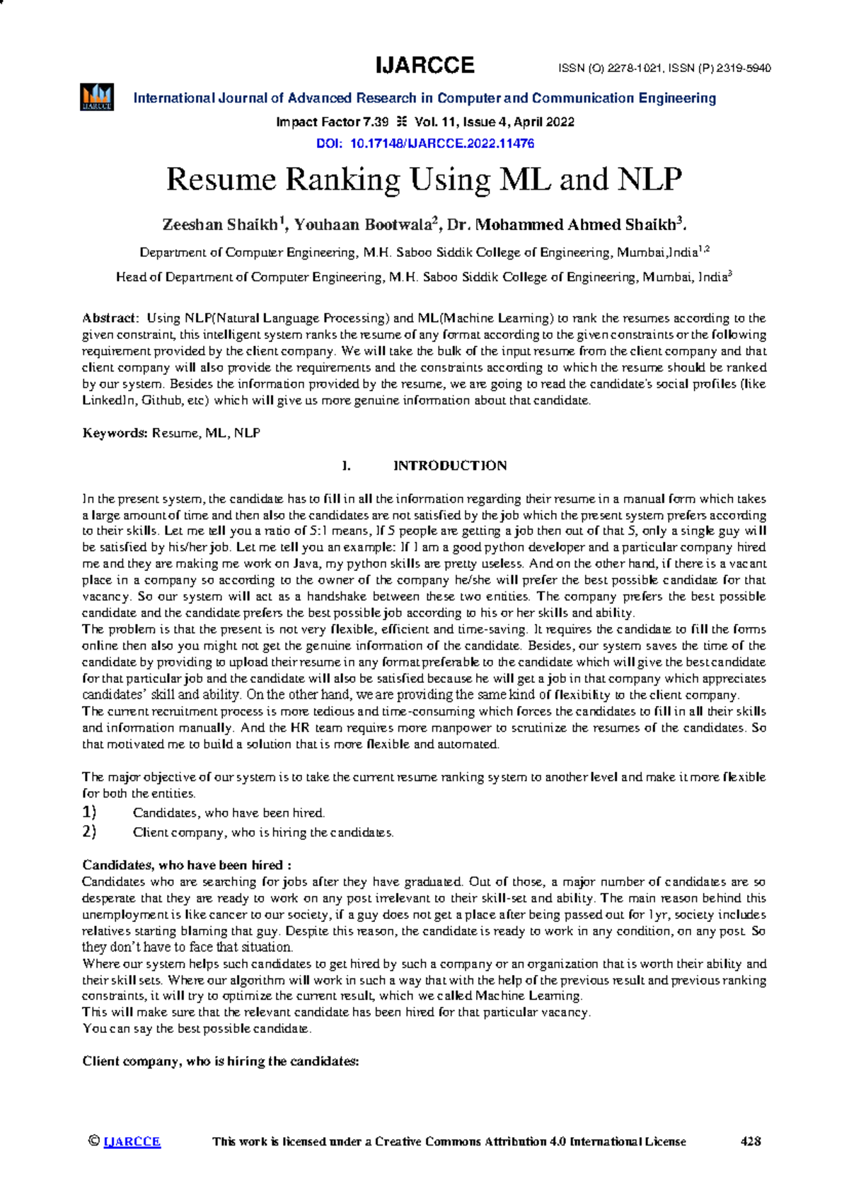 Resume Ranking System Using ML & NLP - IJARCCE 2022 - Studocu
