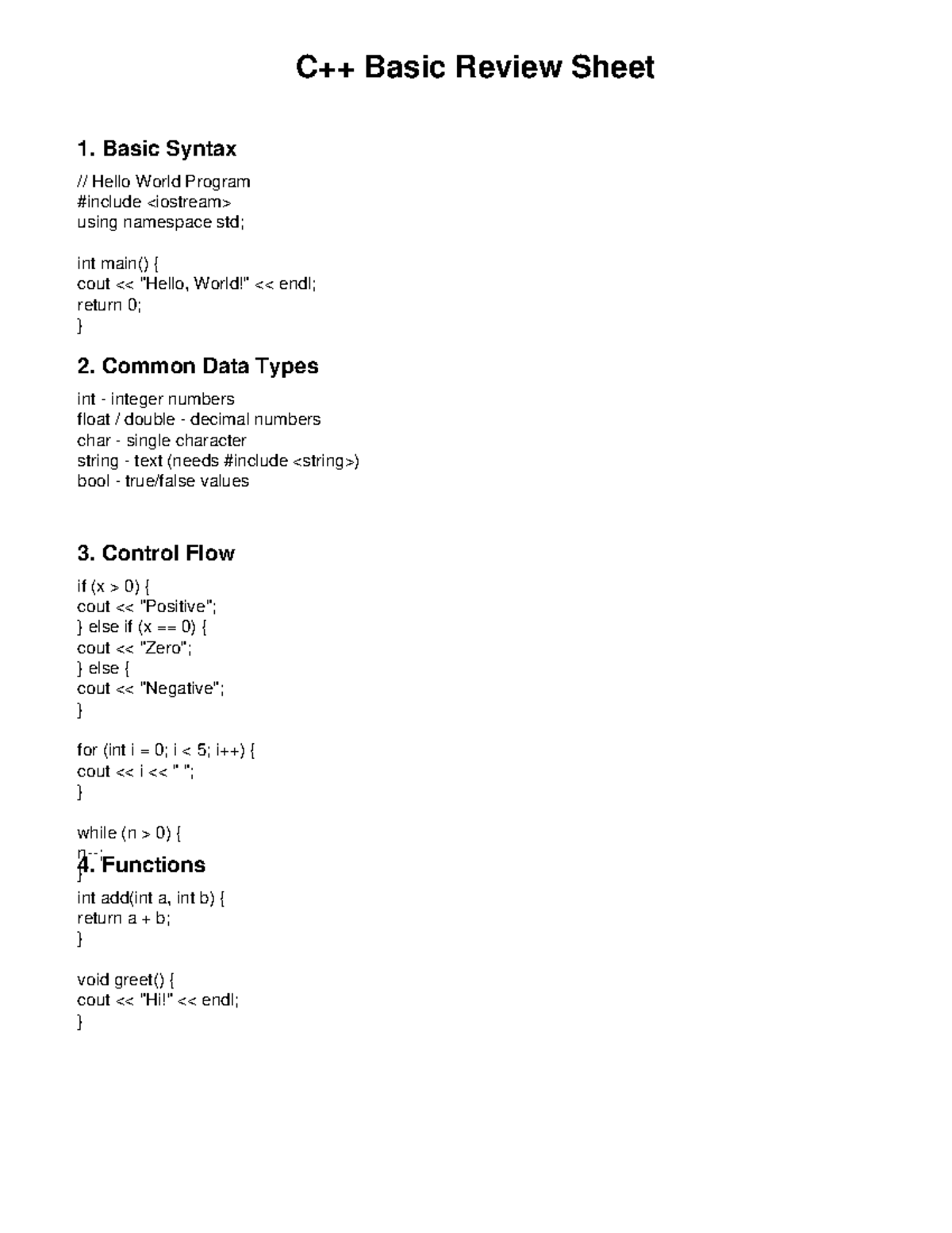 Cpp basic review - C++ Basic Review Sheet 1. Basic Syntax // Hello ...