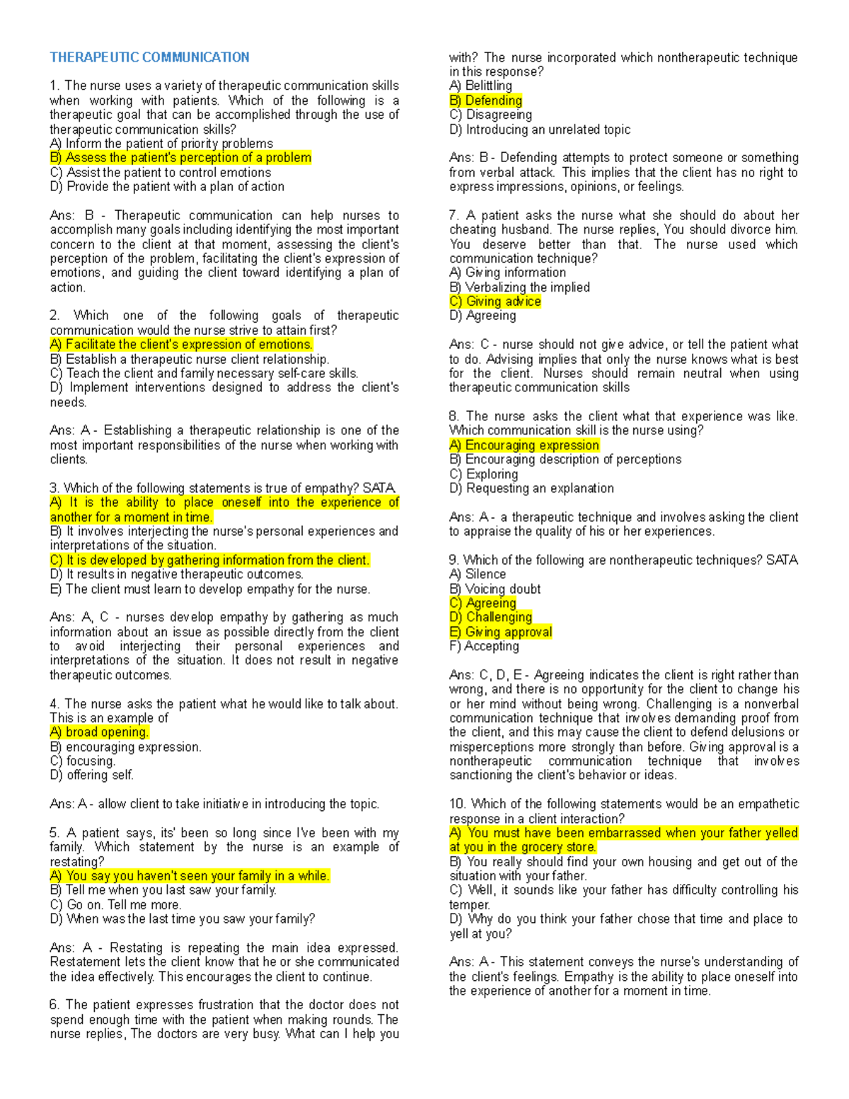 Psych TEST BANK: Therapeutic Communication and Mental Health Concepts ...