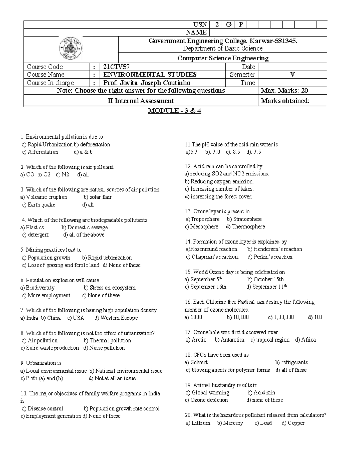 IA2 CS 21CIV57 Model Question Paper for Environmental Studies - Studocu