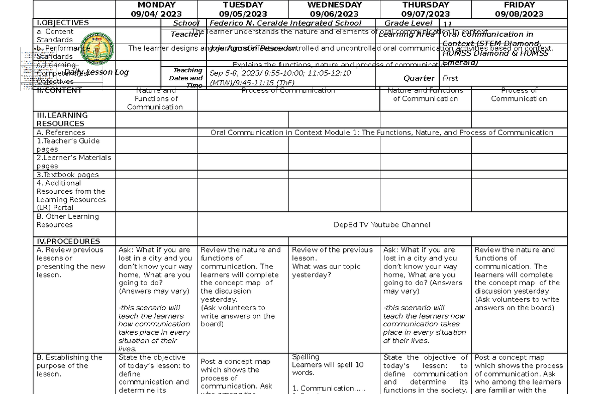 DLL- Oral Communication Lesson Plan for Week 2 (SY 2023-24) - Studocu