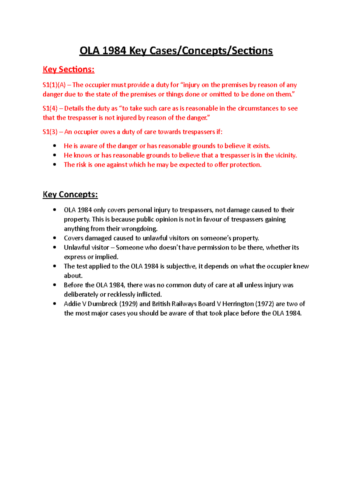 WJEC Eduqas A-Level Law: Key Concepts & Cases of OLA 1984 - Studocu