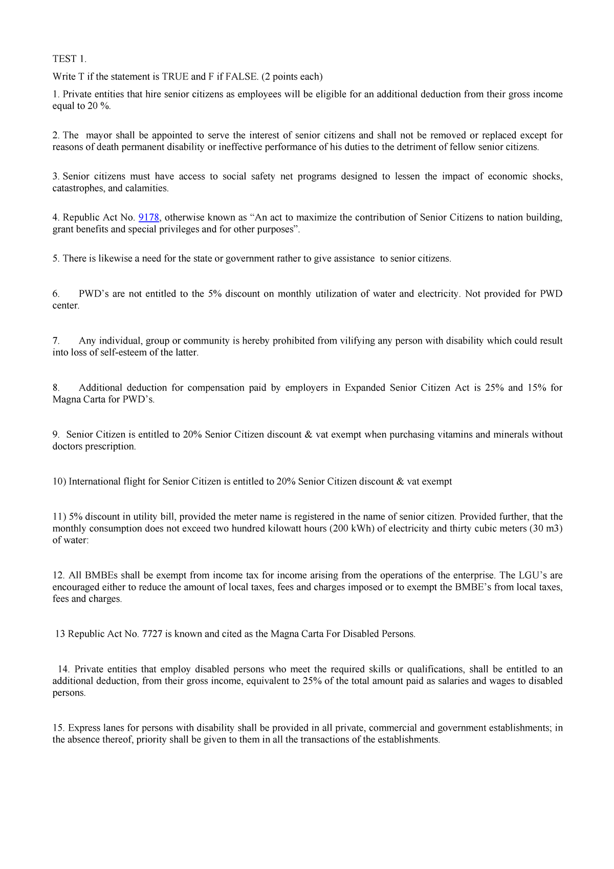 Senior Citizen and PWD Discount Test Answers (RA 9994 & RA 7277) - Studocu