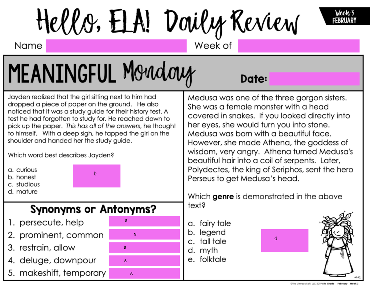 Jor'dyn Fletcher - 6th Grade February Digital ELA Daily Review Week 3 ...