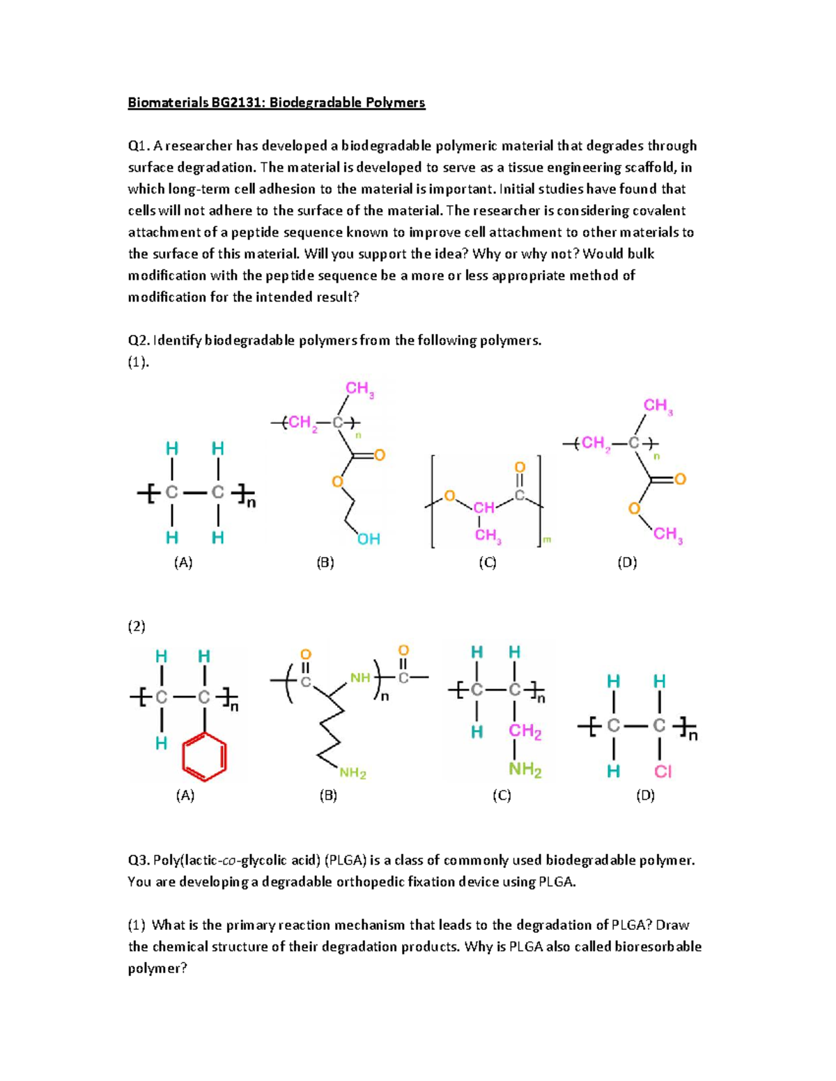 Biomaterials BG2131: Biodegradable Polymers Tutorial 4 Analysis - Studocu