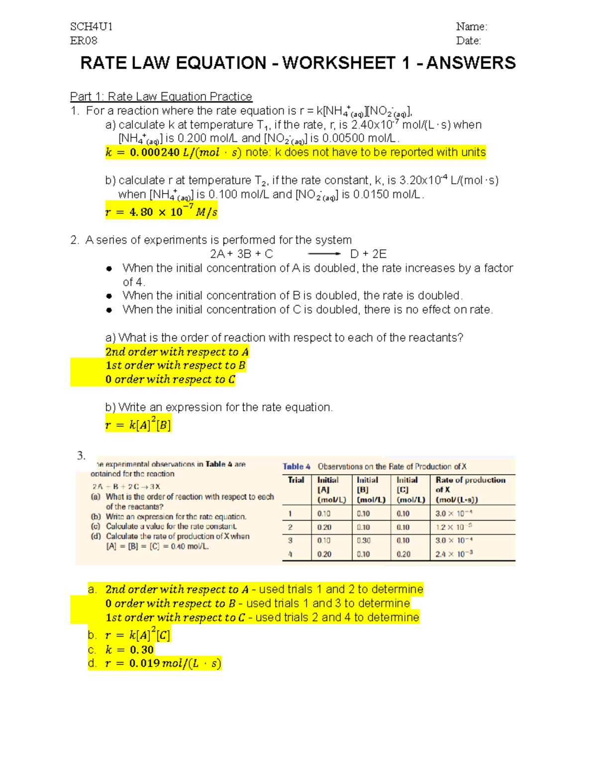 Rate Law Worksheet