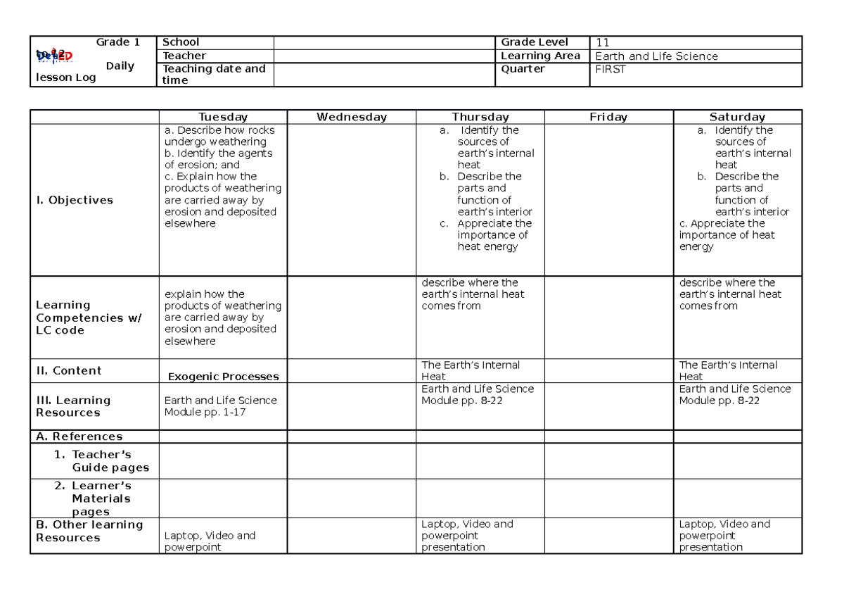 Daily Lesson LOG - Grade 1 to 12 Daily lesson Log School Grade Level 11 ...
