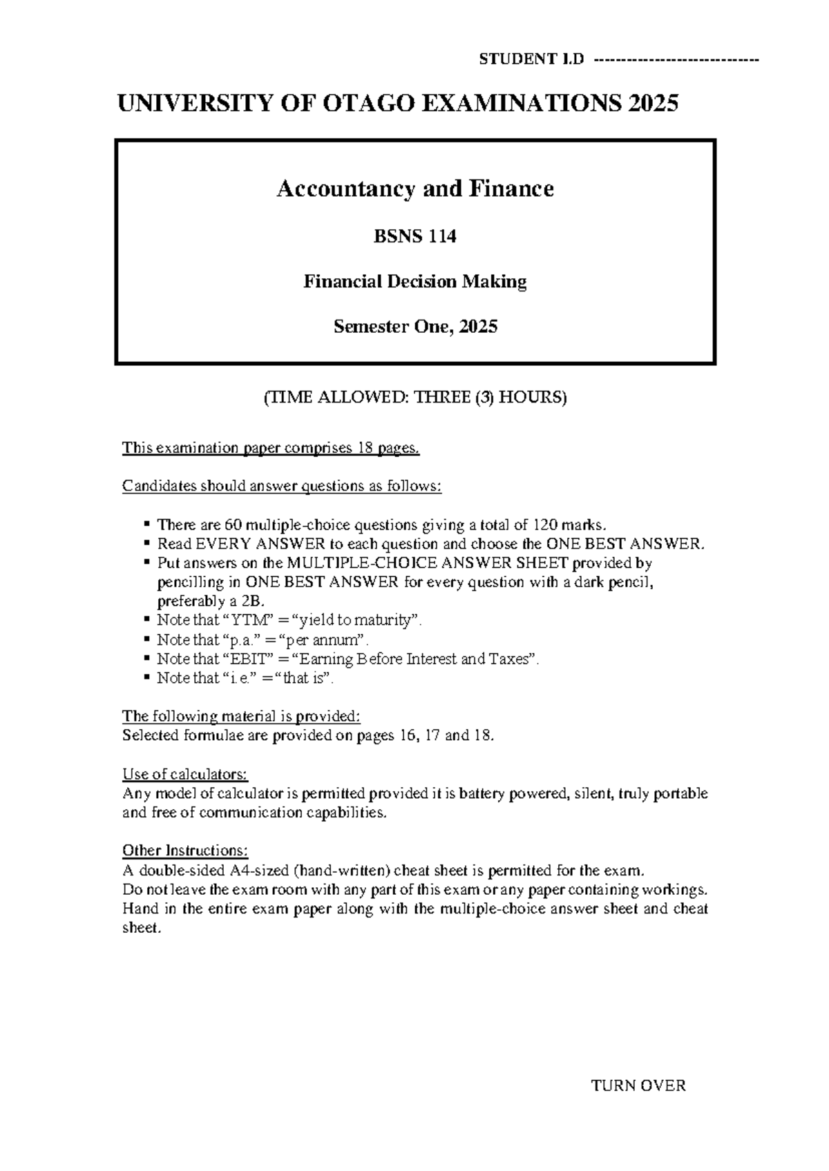 BSNS114 Financial Decision Making Exam Formula Sheet - Semester 1, 2025 ...