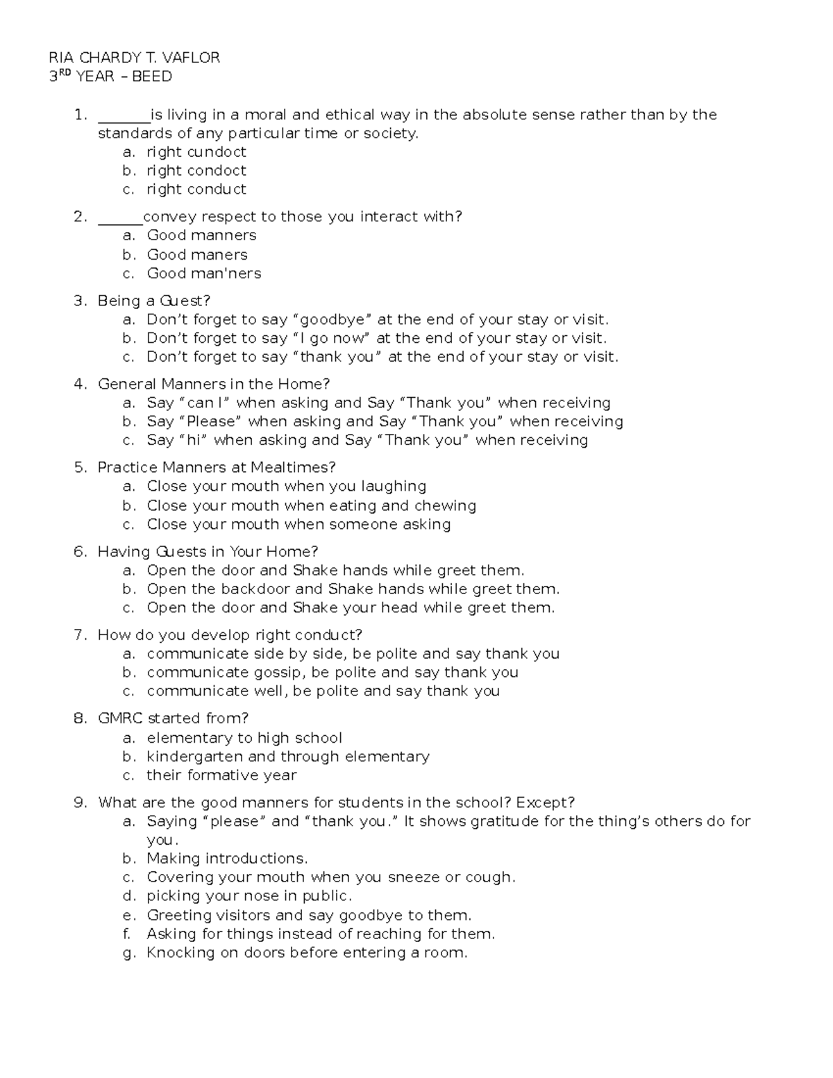 RIGHT CONDUCT & GOOD MANNERS - BEED 3RD YR QUIZZES - Studocu
