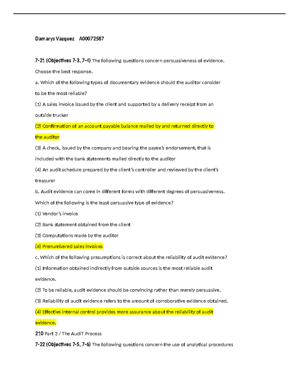 Financial Auditing Exercises - Damarys Vazquez A 7-21 (Objectives 7-3 ...