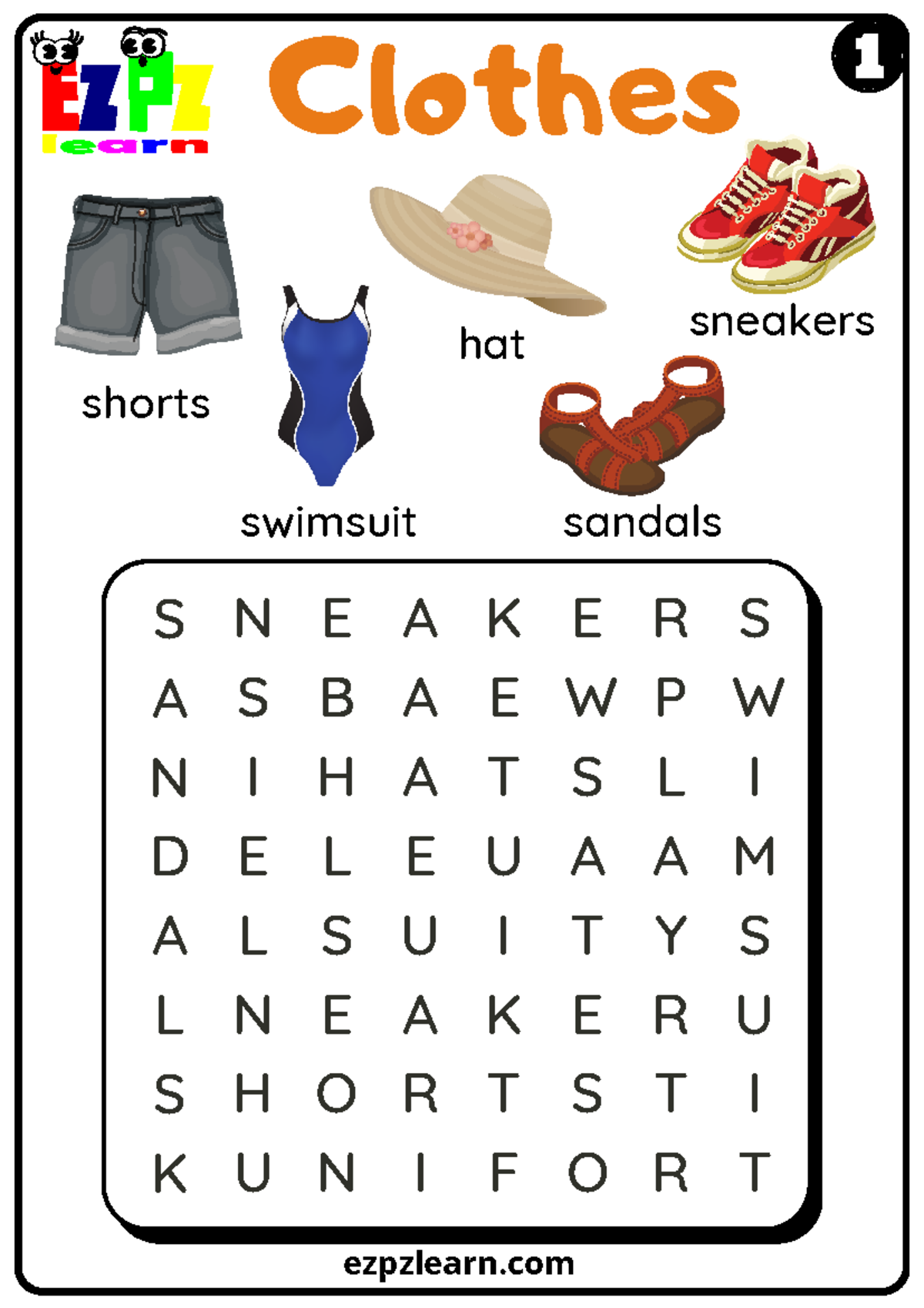 1 Clothes Word Search - Worksheet- vocabulary - English - ezpzlearn ...