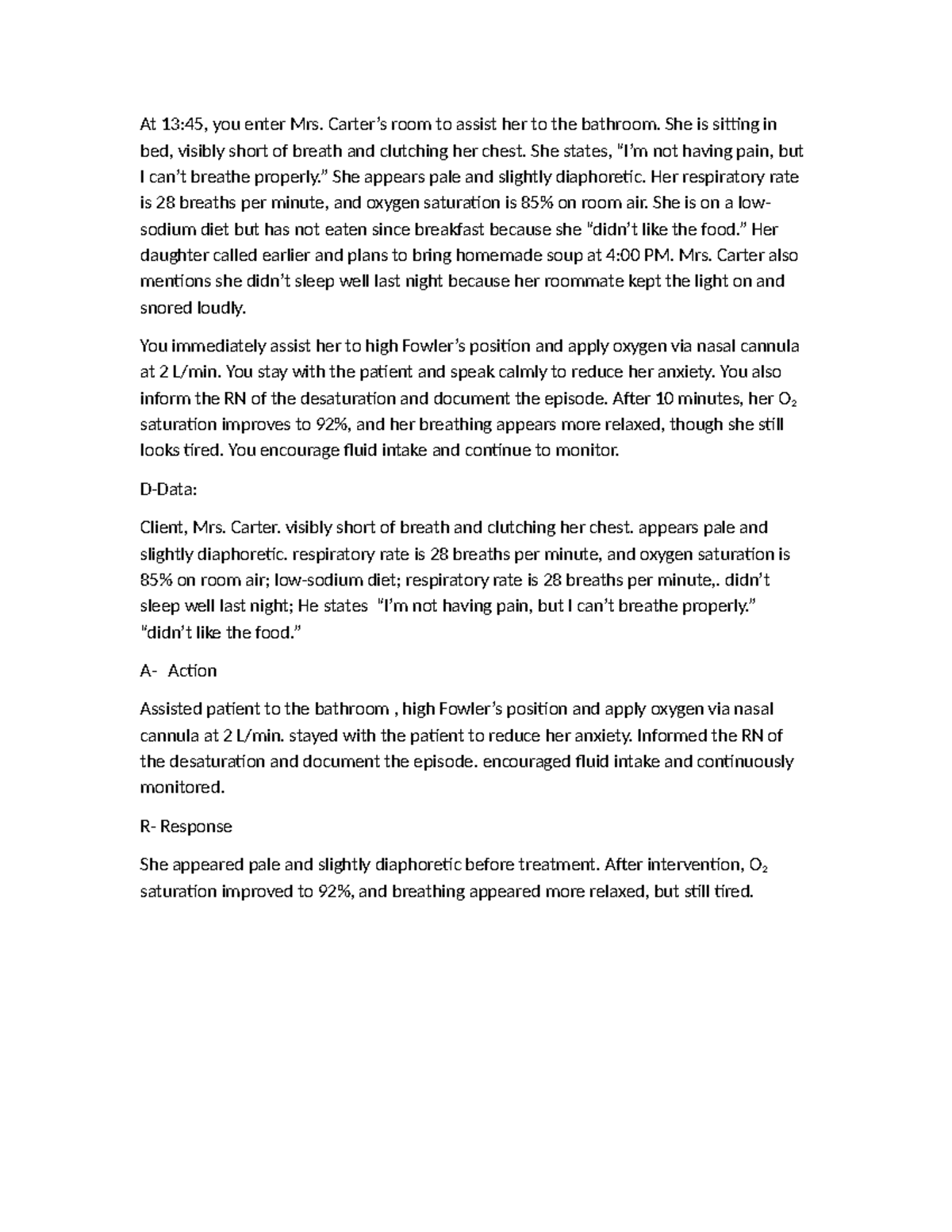 DAR Note Exercise: Patient Care for Mrs. Carter (Nursing) - Studocu