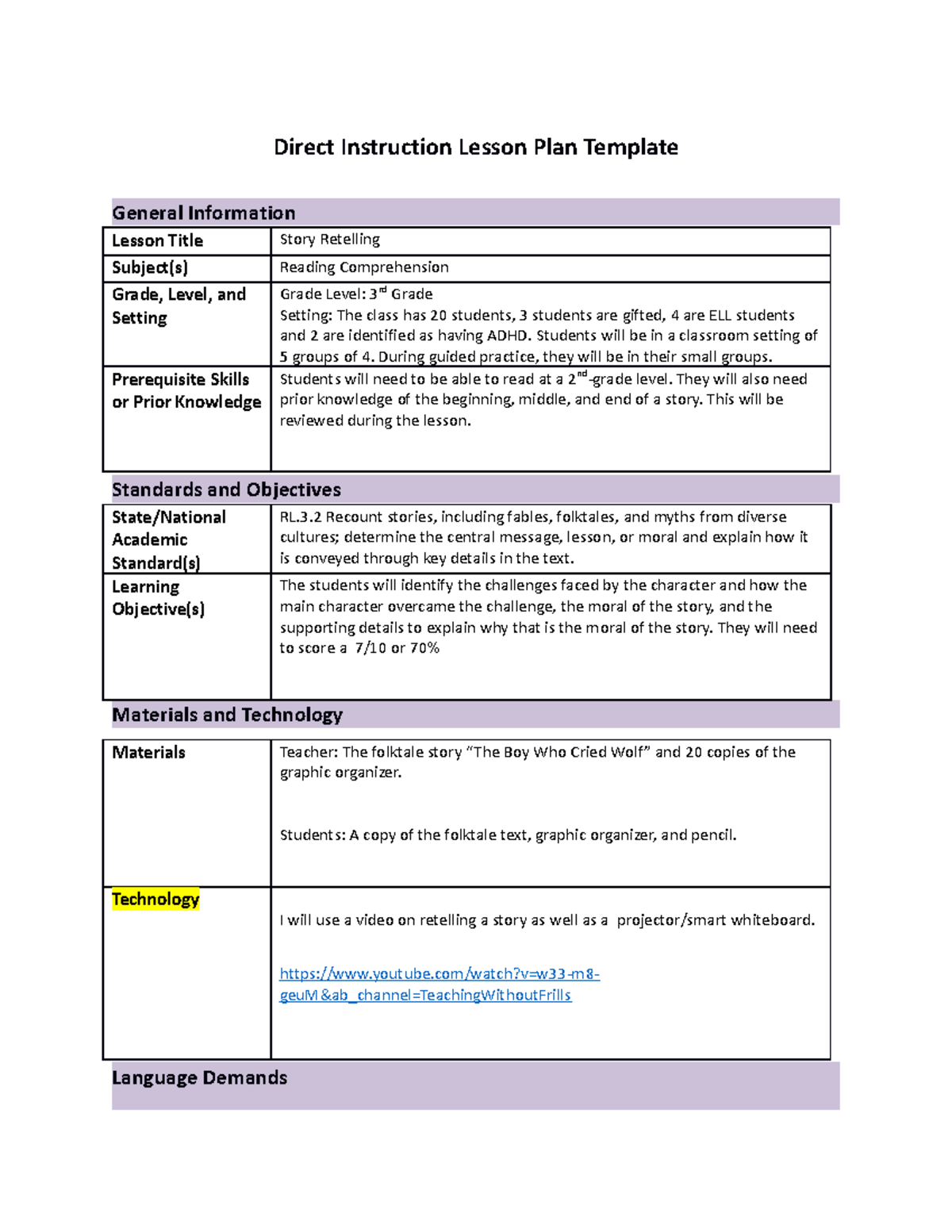 C910 Reading Comprehension Lesson Plan - Direct Instruction Lesson Plan ...