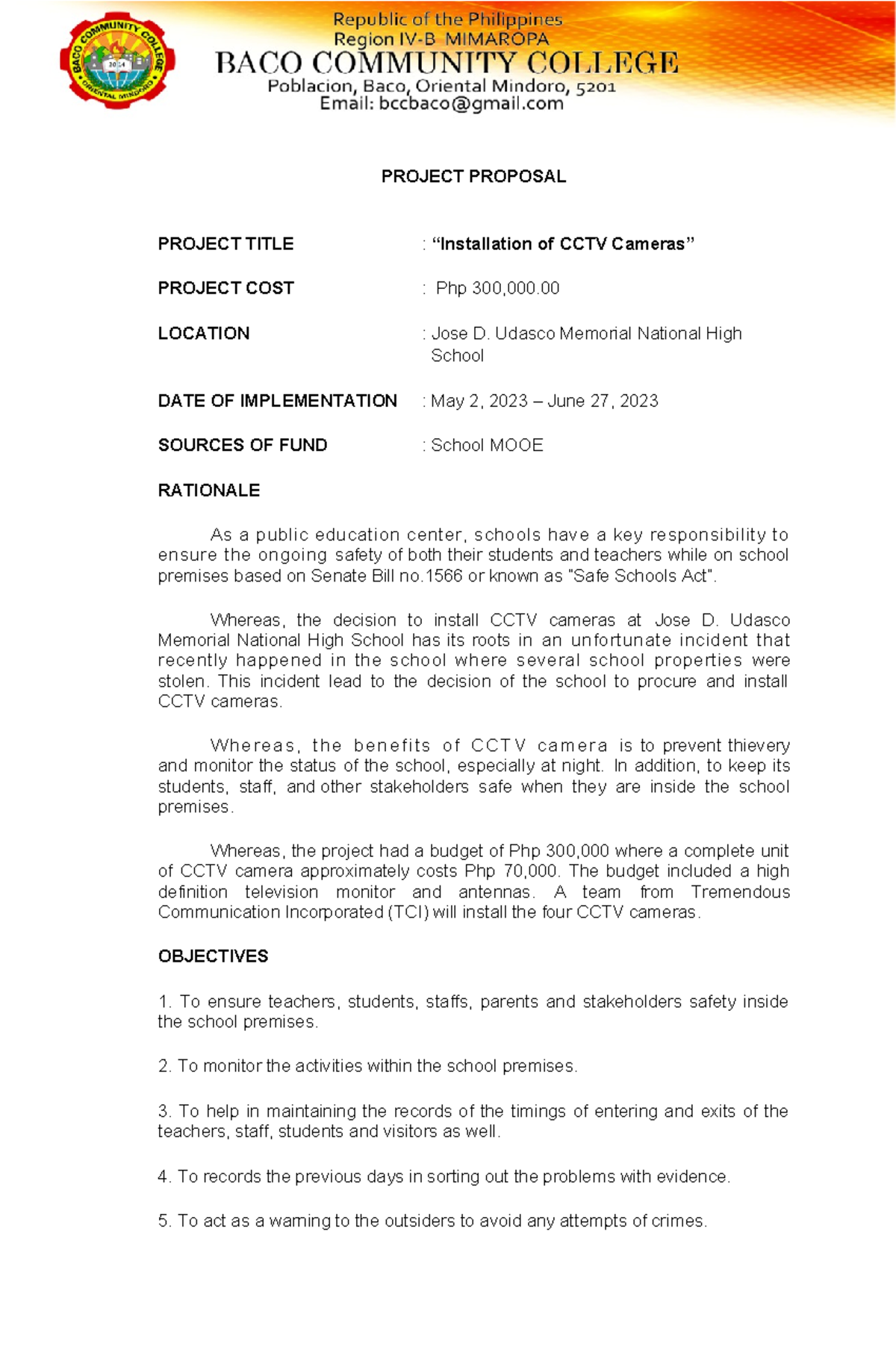 Ronrick Project Proposal - Budget for CCTV Installation - Studocu