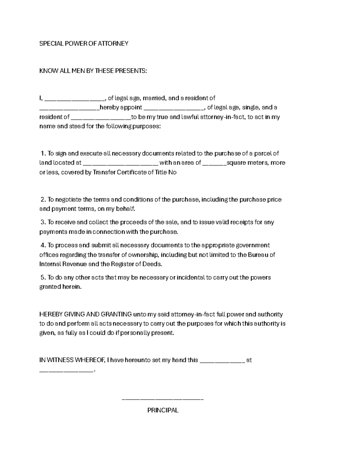 SPECIAL POWER OF ATTORNEY (SPA) FOR LAND PURCHASE - Studocu