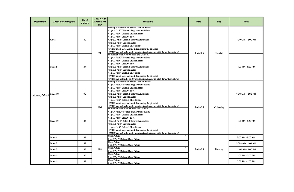 2025 Graduation Picture Schedule for Various Departments and Grades ...