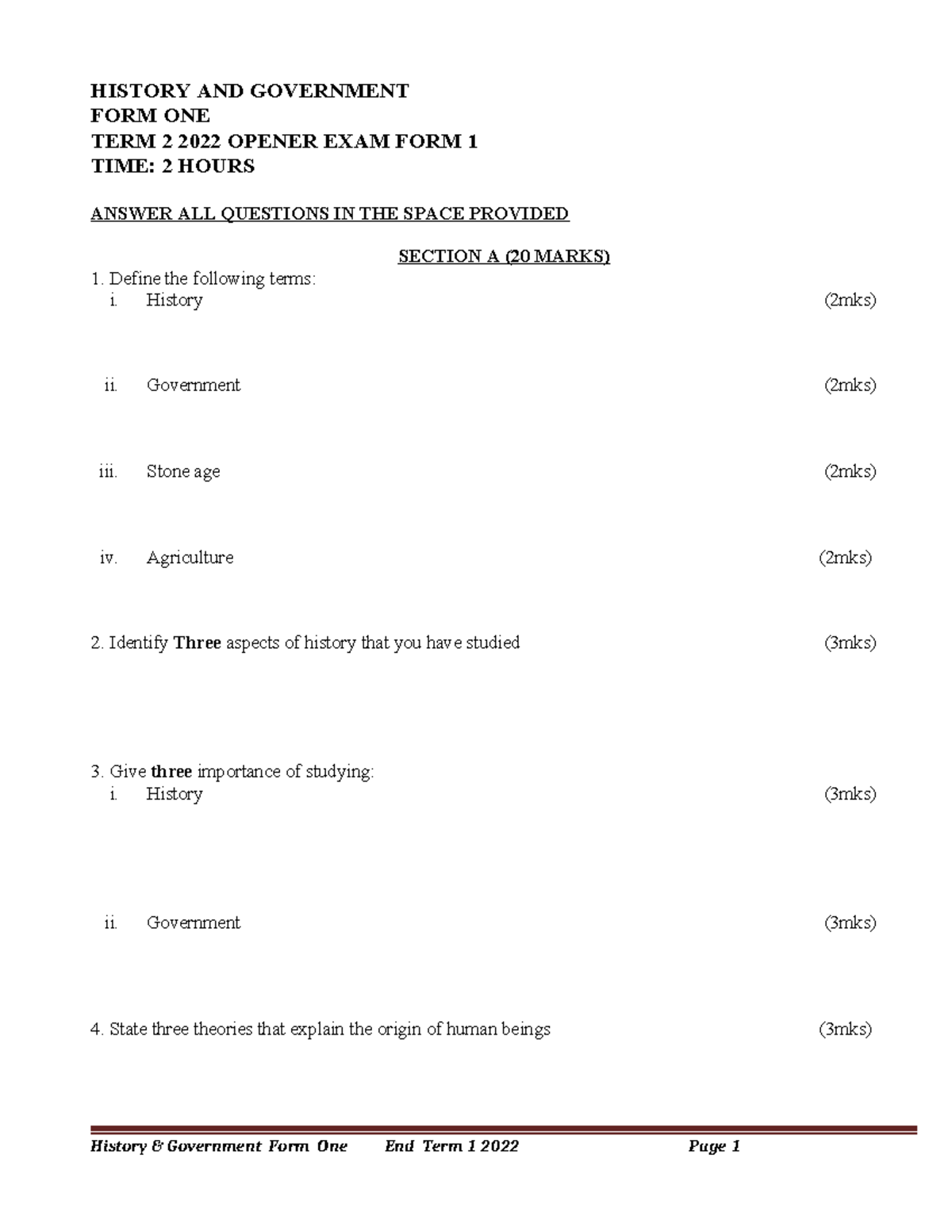 History-GOV-F1-Term2-Opener Exam QNs 2022 CO KE - Studocu