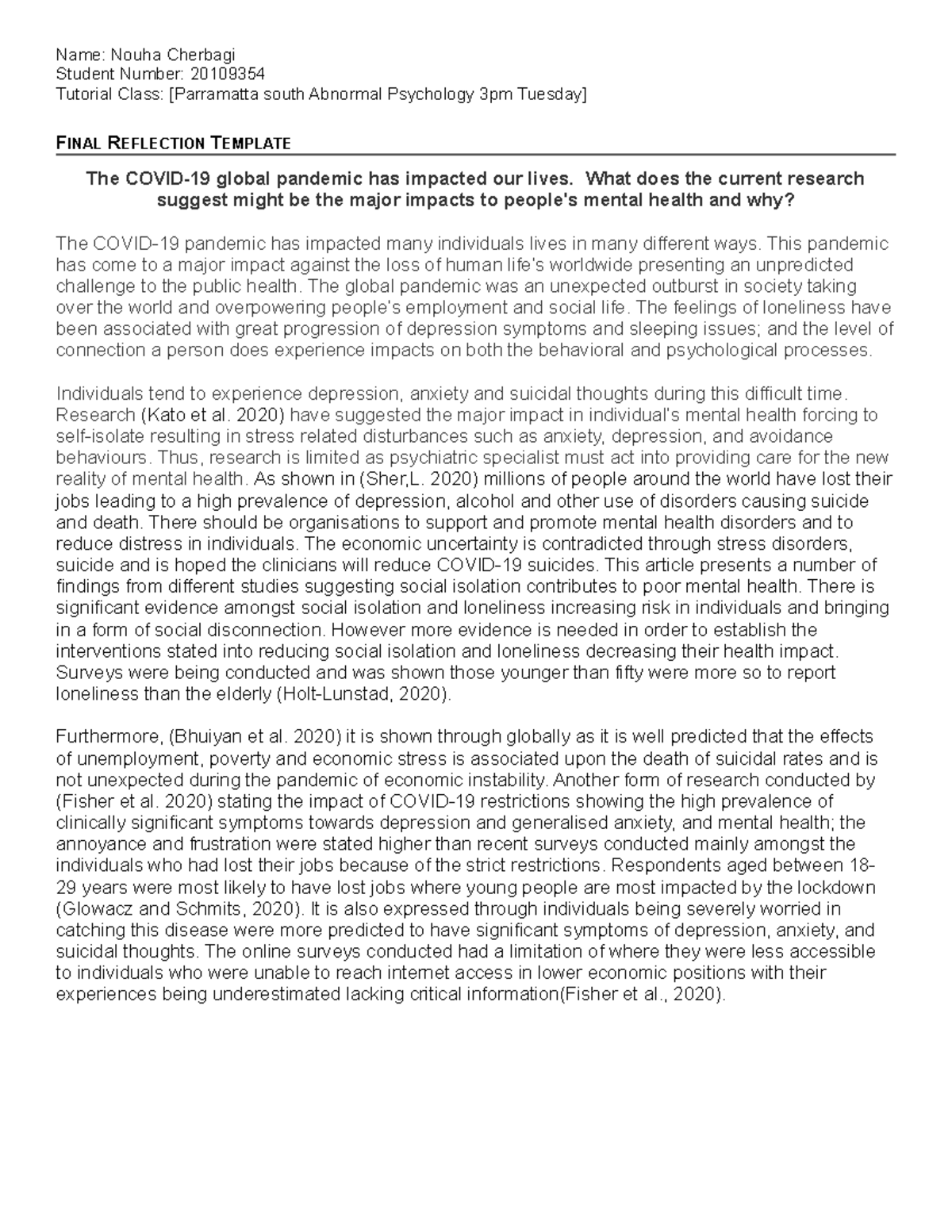 WSU Final Reflection: Impact of COVID-19 on Mental Health - Studocu