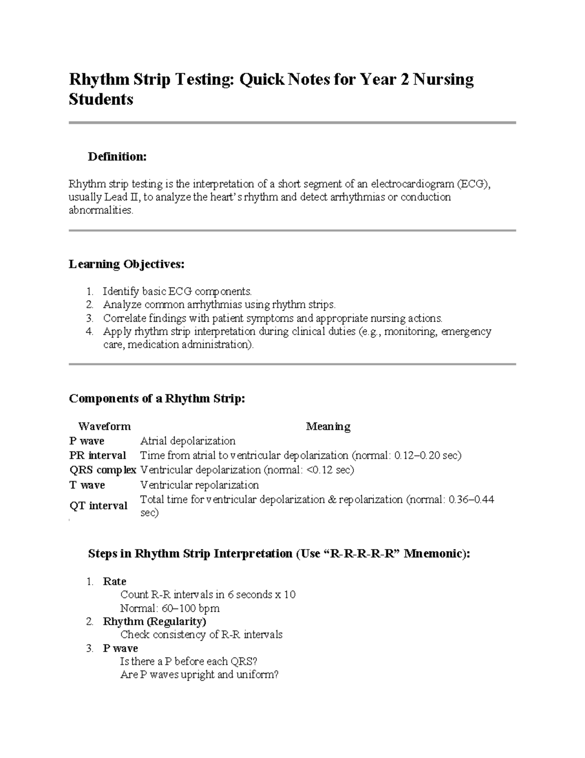 Rhythm Strip Testing: Quick Notes for Year 2 Nursing Students - Studocu