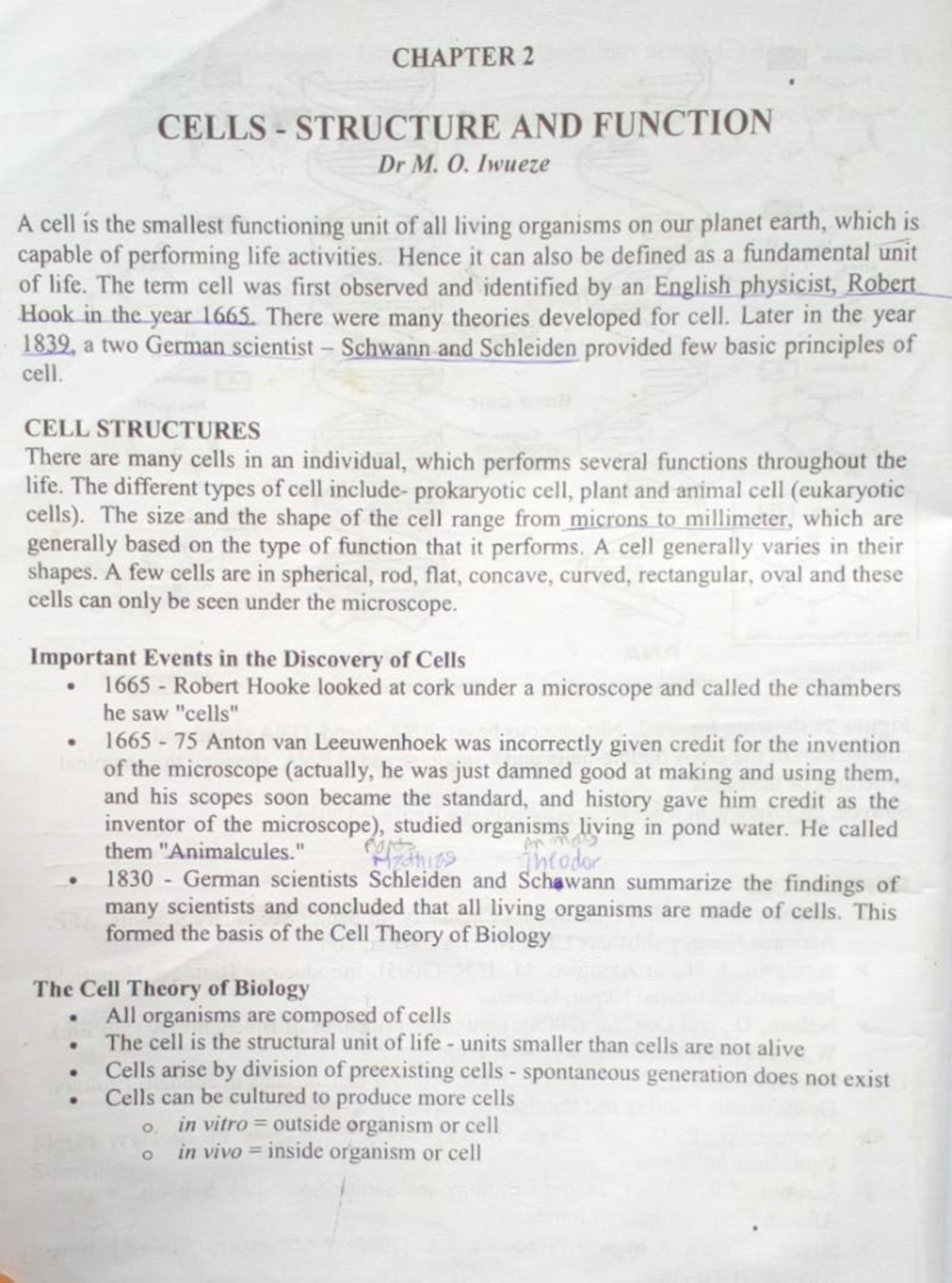 Cell and Sense organs - CHAPTER 2 CELLS STRUCTURE AND FUNCTION Dr M. O ...