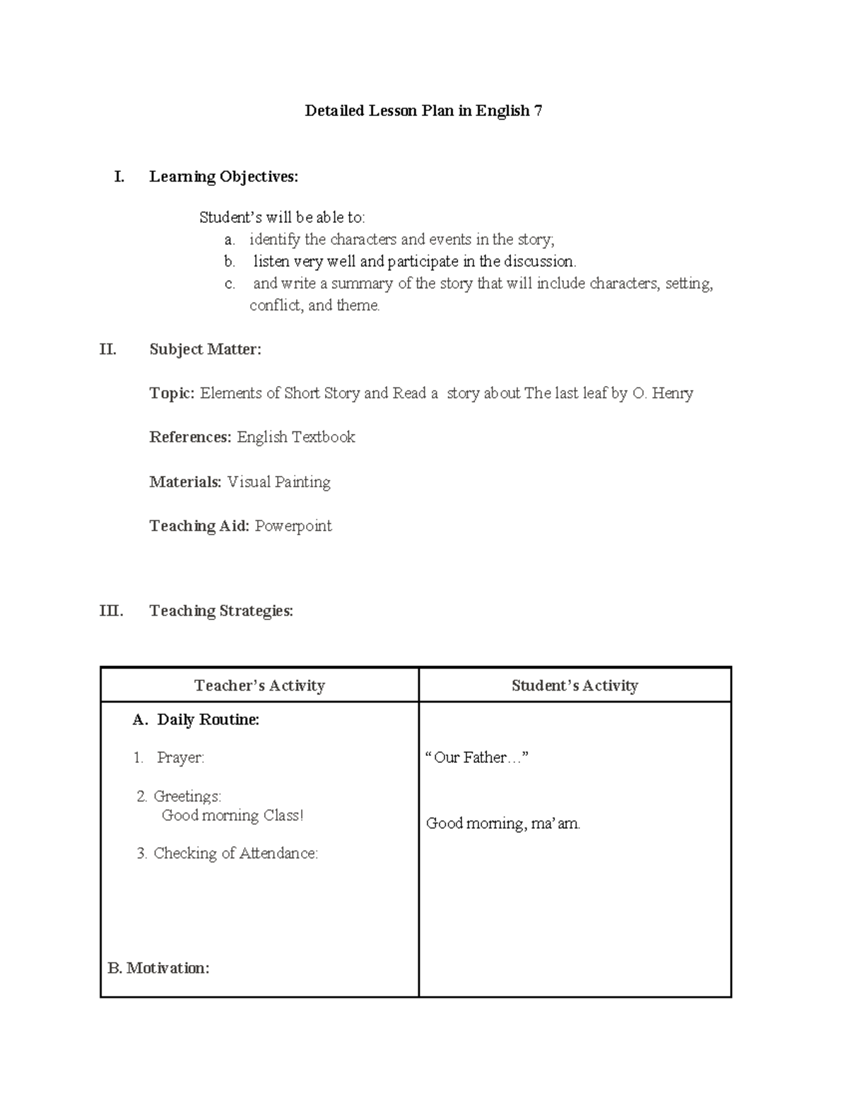 Detailed Lesson Plan: Elements of Short Story - English 7 - Studocu