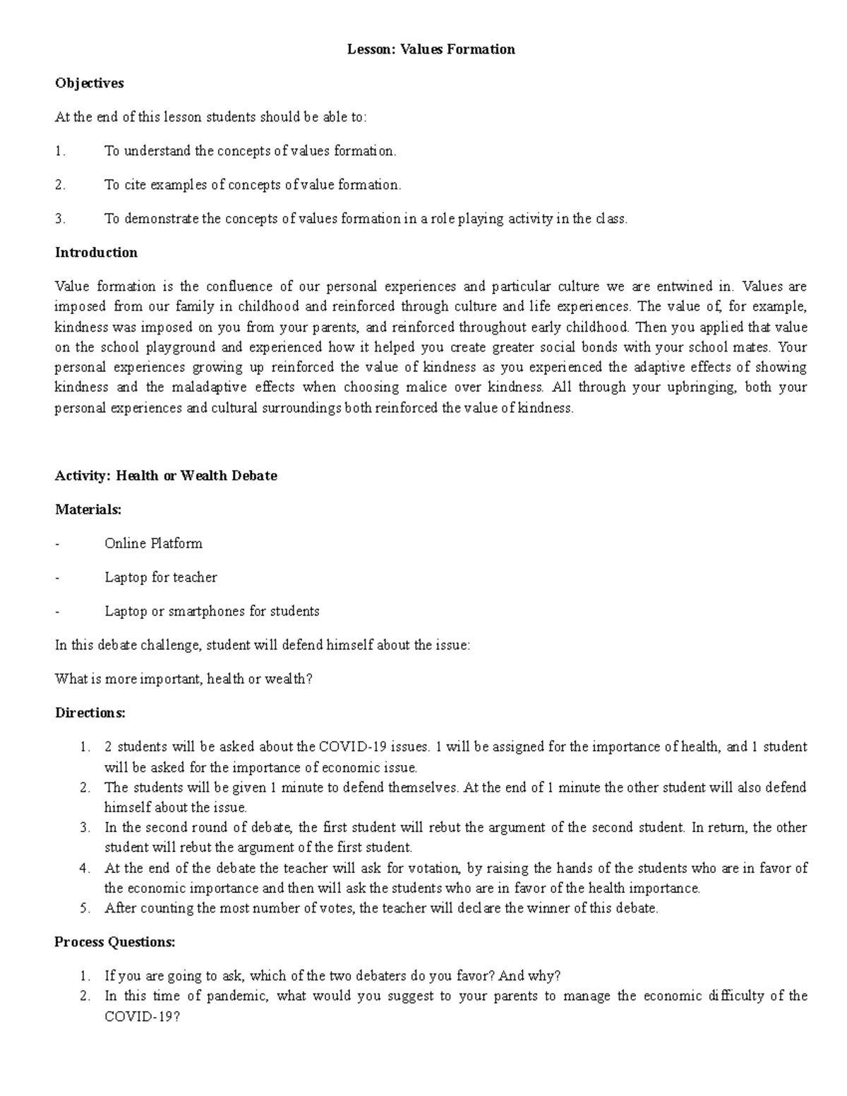 Reference for Module 3 Values Formation - Lesson: Values Formation ...
