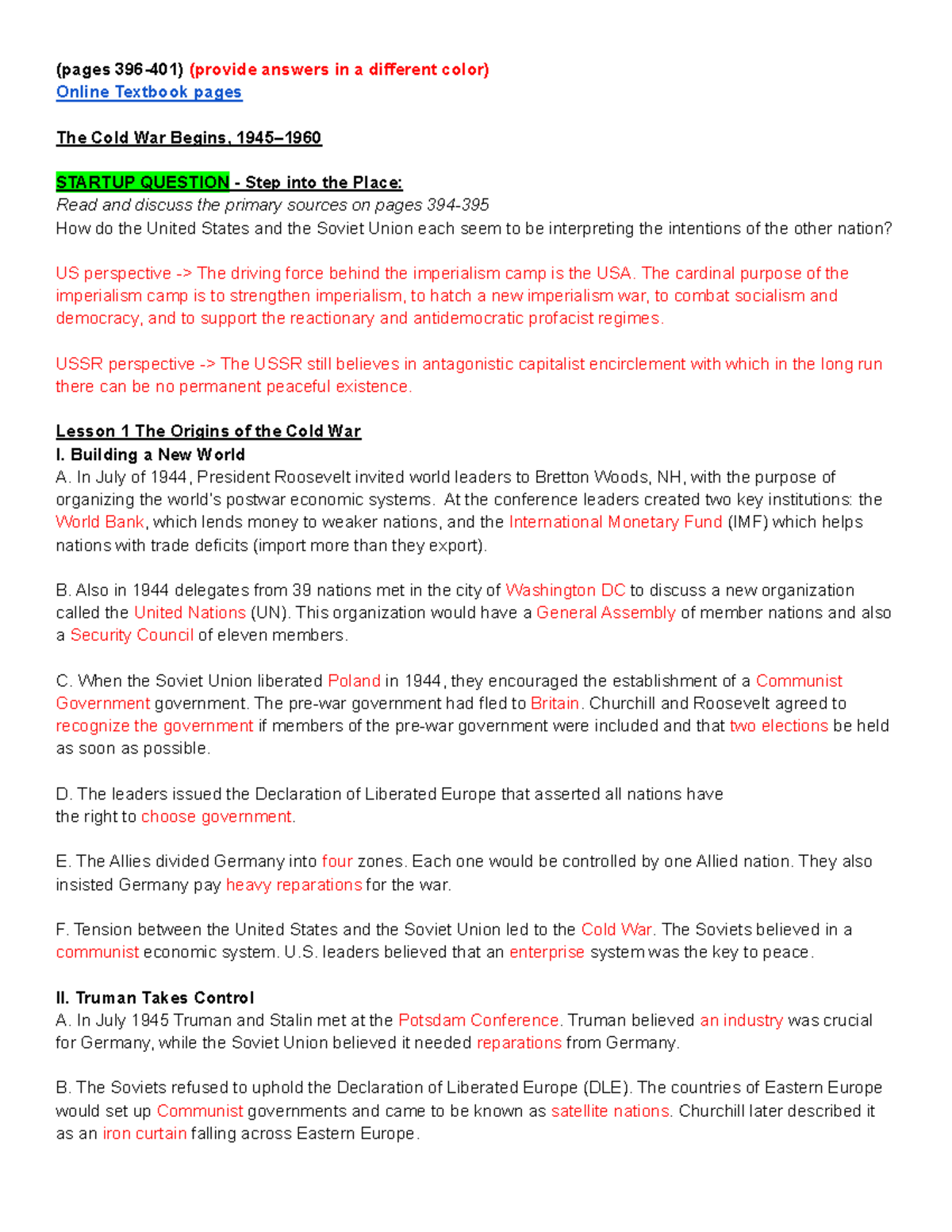 Origins of the Cold War: Guided Reading (Lesson 1 Summary) - Studocu