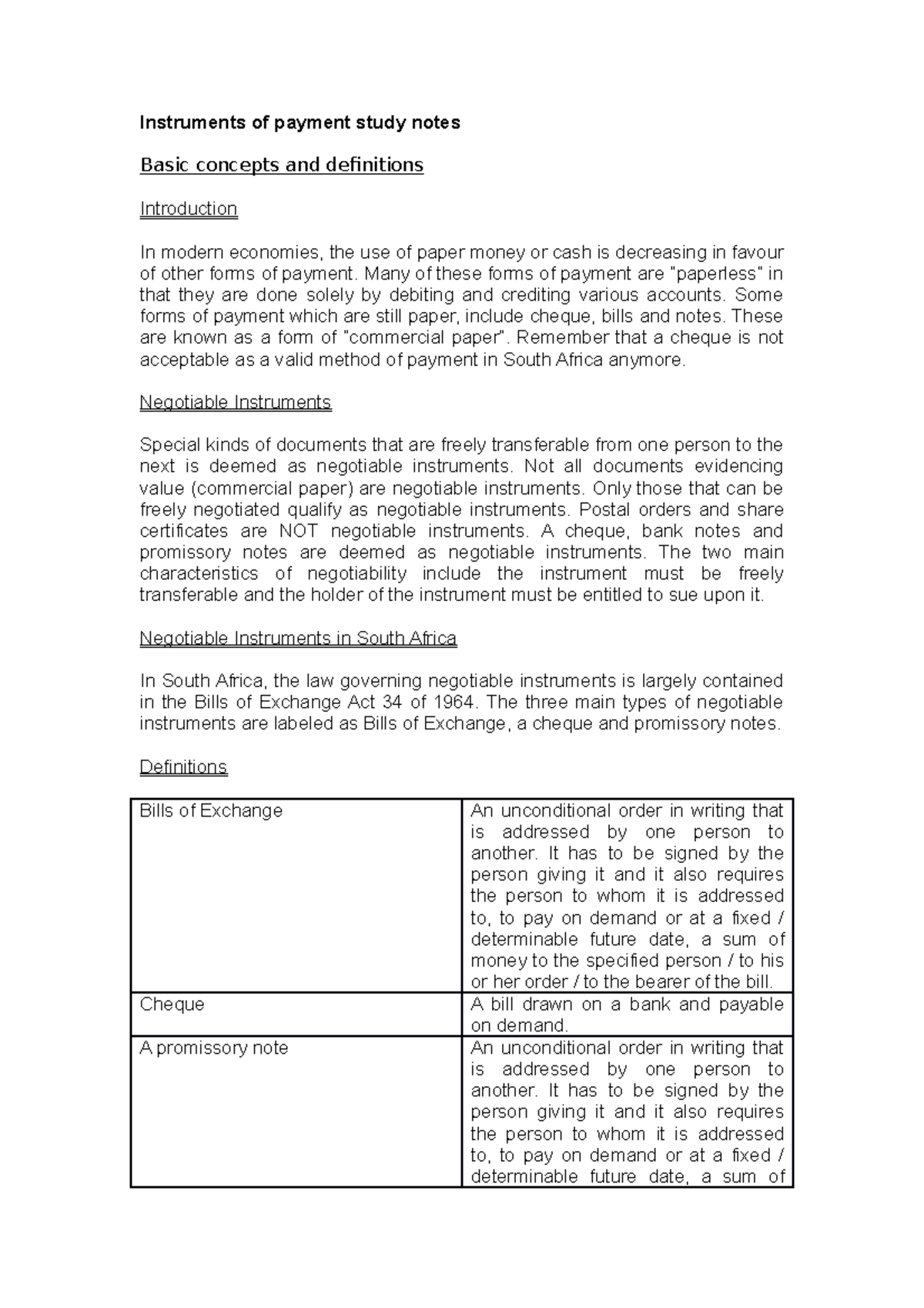 Instruments of Payment Study Notes (Commercial Paper & Negotiables ...