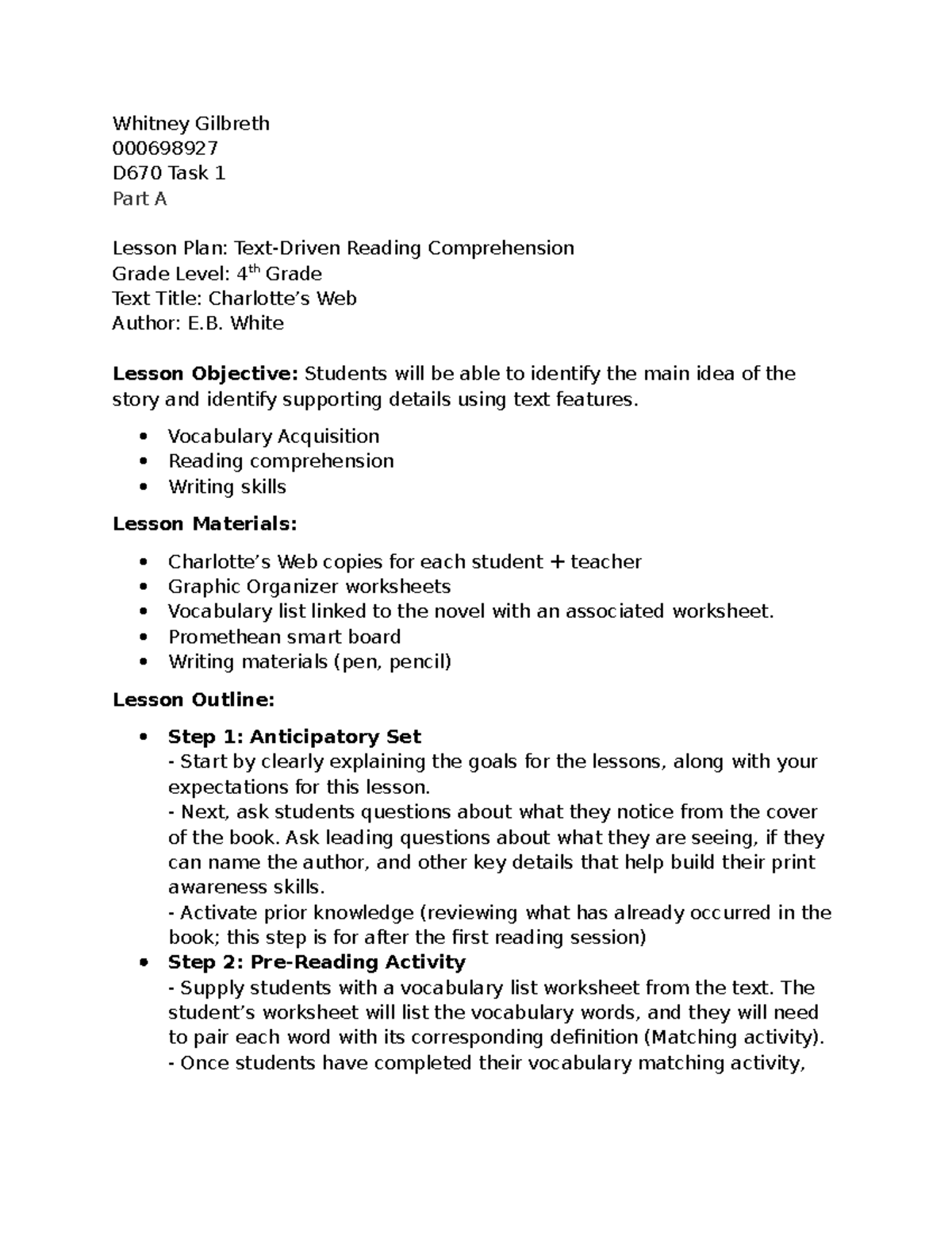D670 Task 1 - Lesson Plan for Reading Comprehension (4th Grade) - Studocu
